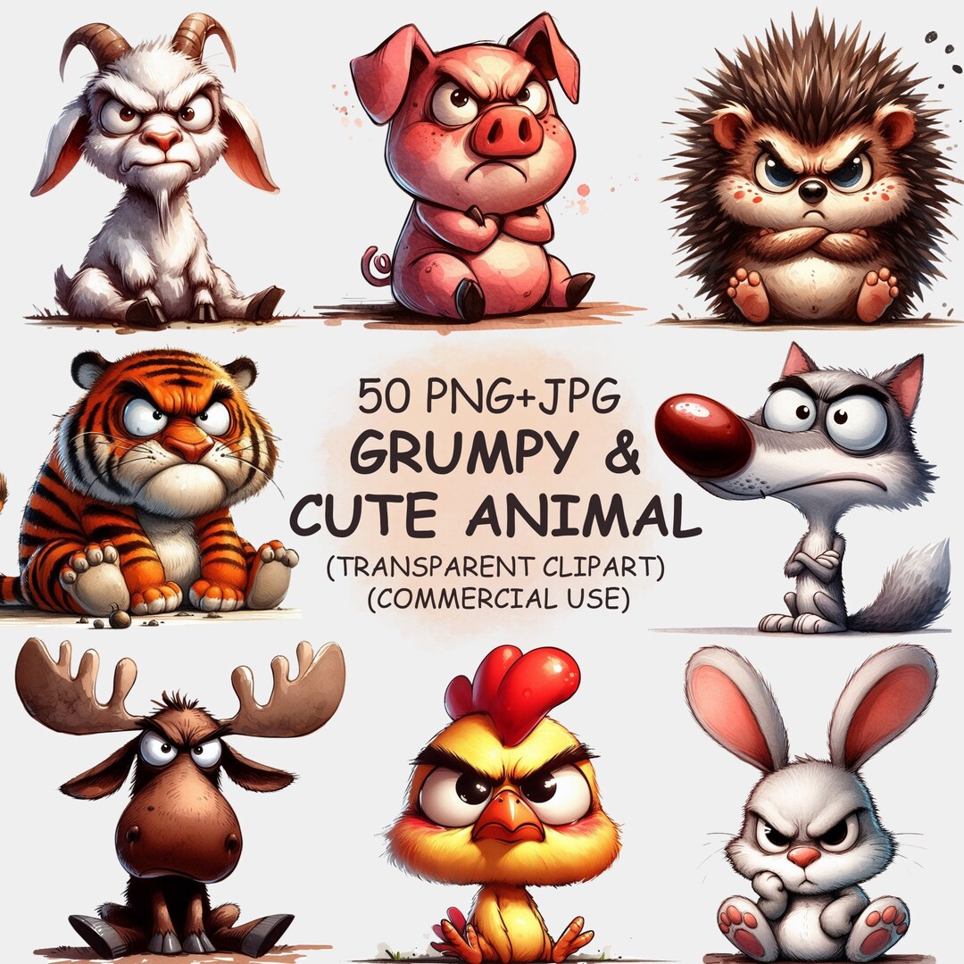 Grumpy Baby Animals Clipart Bundle: Watercolor Safari PNG (digital ...