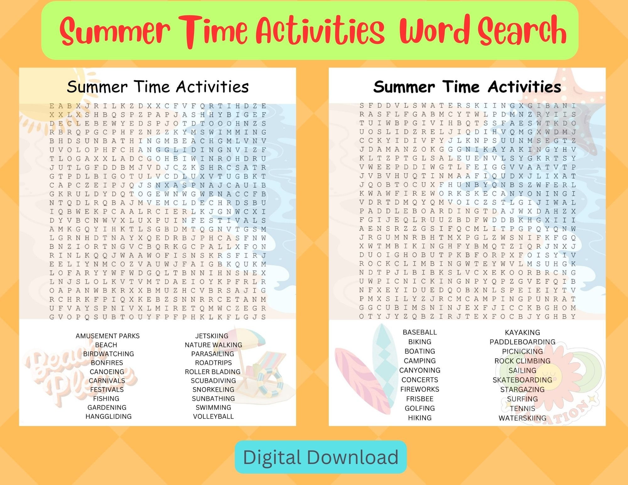 Summer Activities Word Search Printable Summer Activities - Etsy