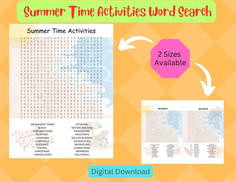Summer Activities Word Search Printable Summer Activities - Etsy