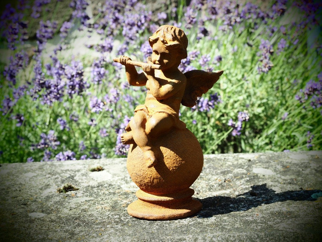 Ethereal Cast Iron Angel Orb Sculpture: Rustic Romantic Garden Decor ...