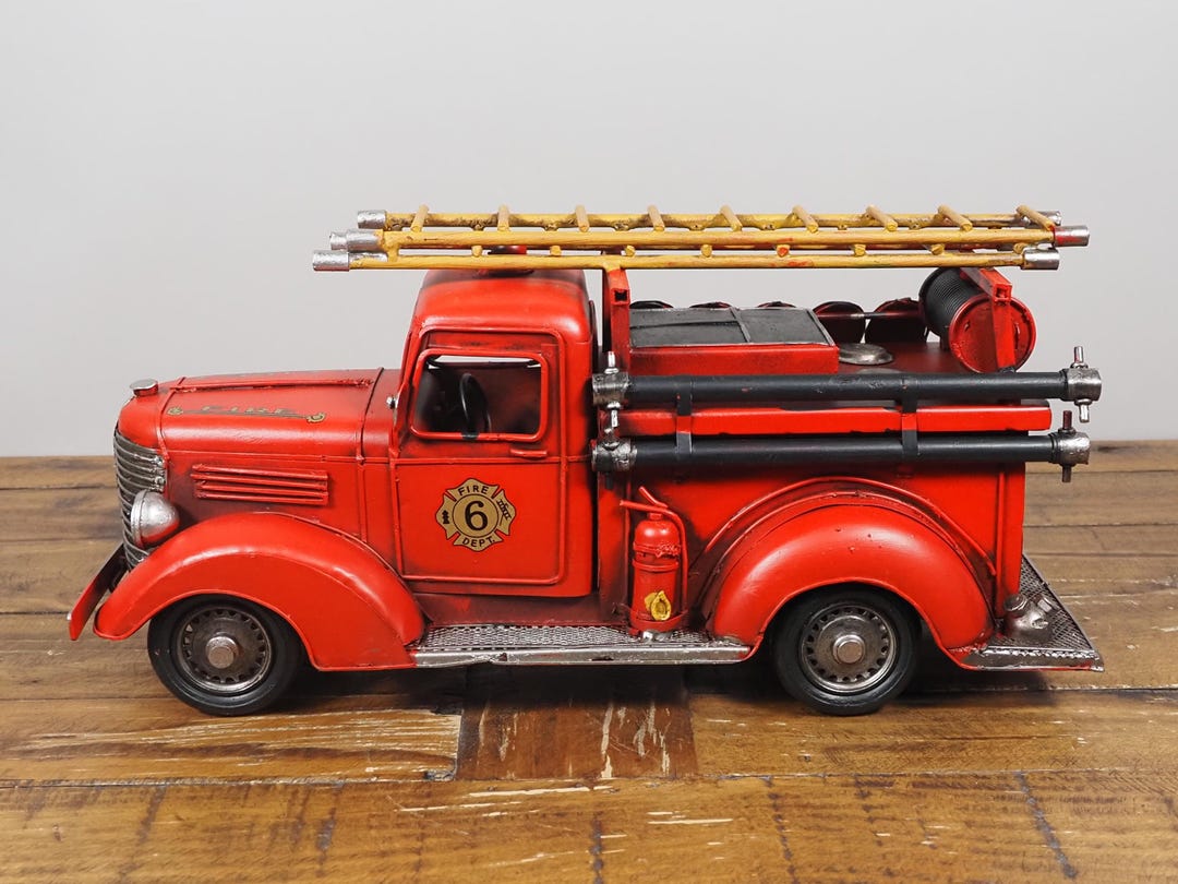 Vintage-inspired Red Metal Fire Truck Model: Handcrafted Sheet-metal ...