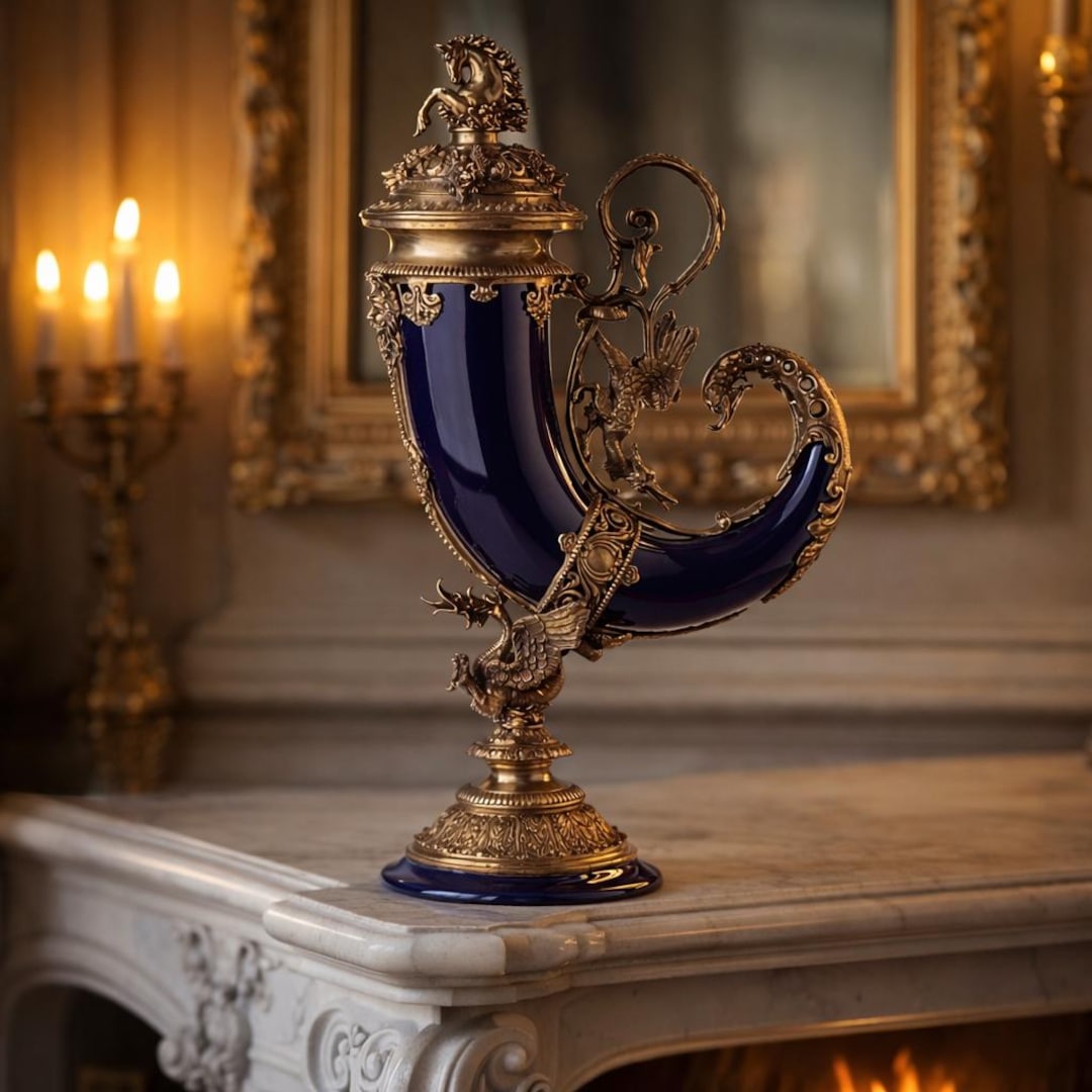 Royal Porcelain & Bronze Cornucopia Vase With Mythical Creatures Lidded ...