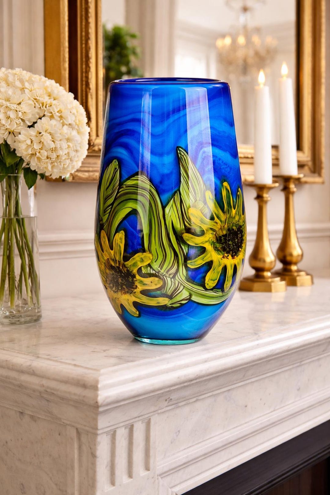 Luxury Murano Style Art Glass Vase – Blue Sunflower Design, Handcrafted ...