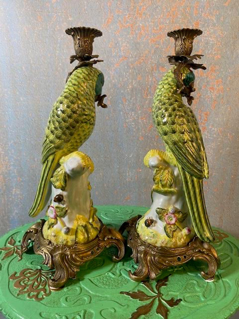 Antique Porcelain Parrot Candle Holders With Bronze Mounts - Etsy