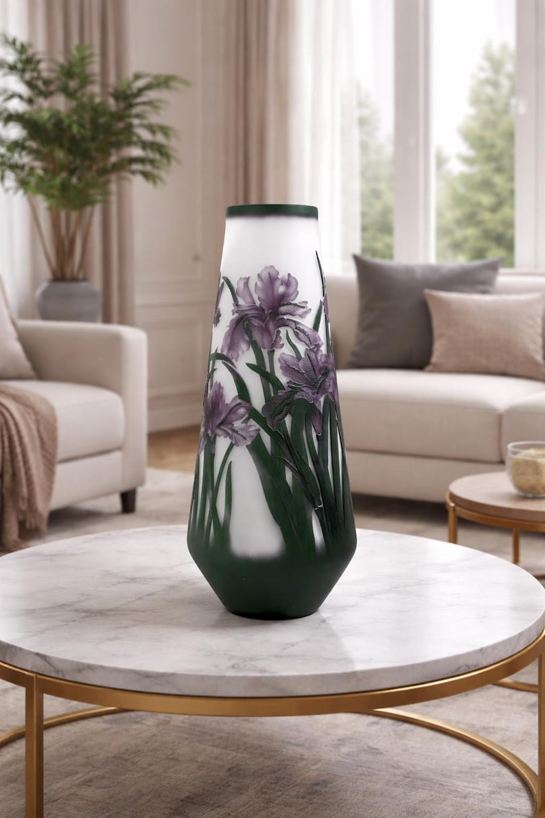 Glimmering Romance Daffodil Cameo Glass Vase Elegant Green and Purple ...
