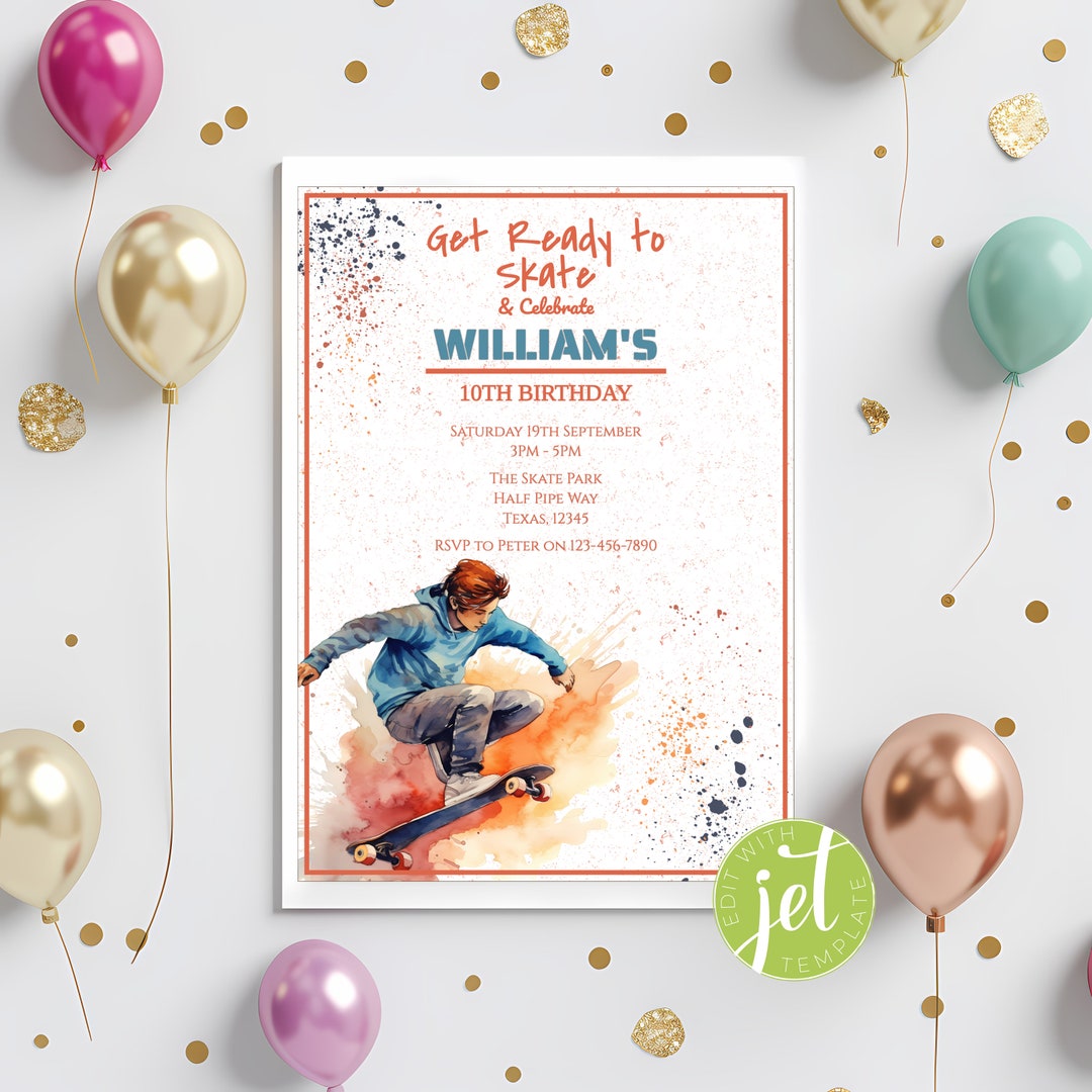 Editable Skater Themed Invitation, Fun Skateboard Design, Personalised ...