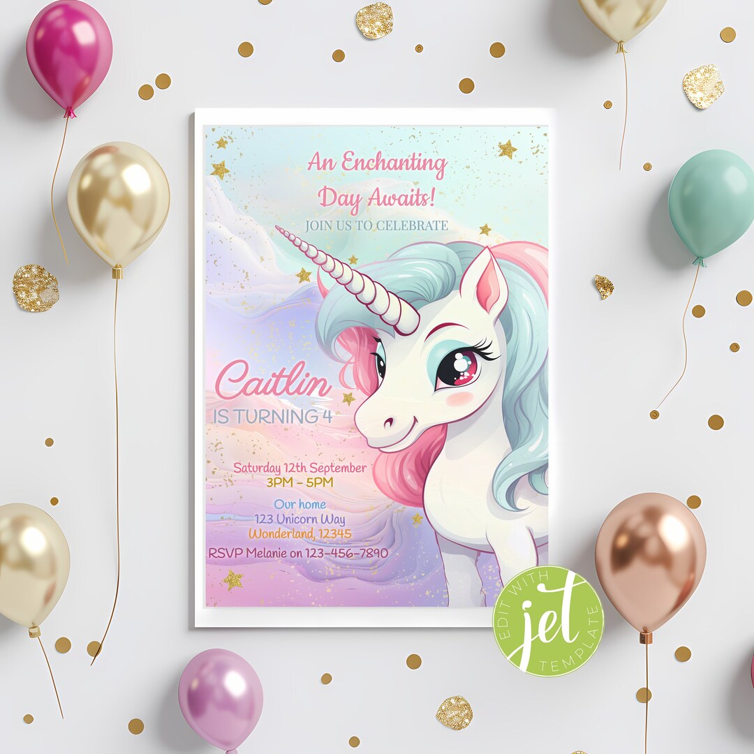 Editable Unicorn Themed Invitation, Fun Rainbow Design, Personalised ...