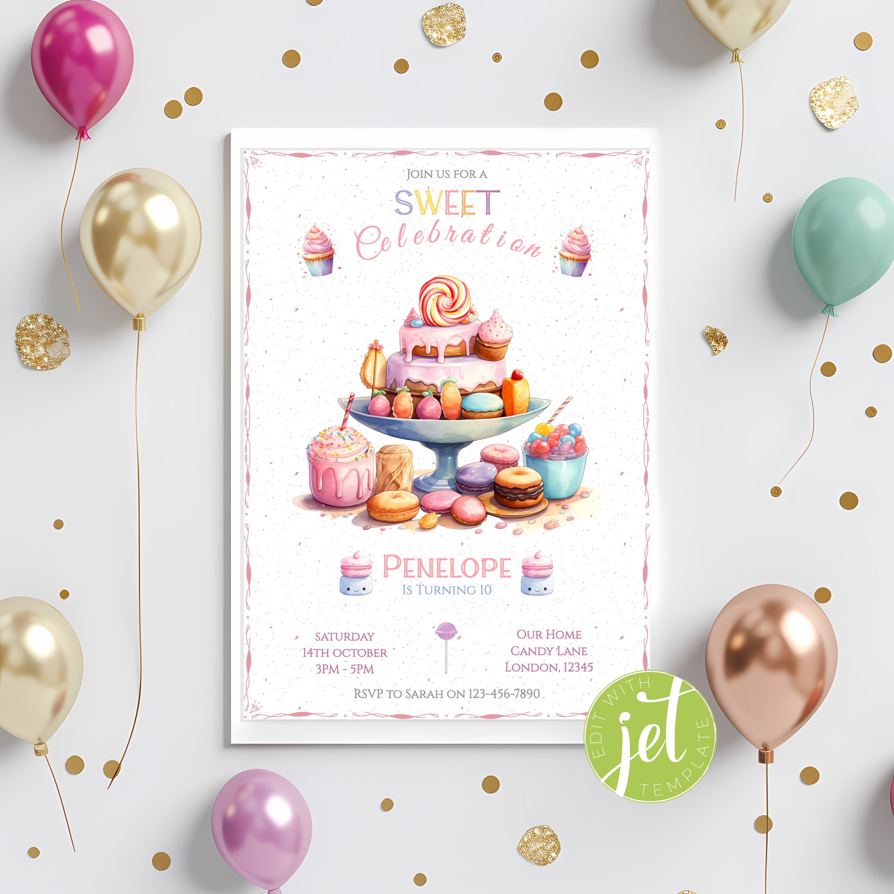 Editable Candy Themed Invitation, Fun Rainbow Sweet Shop Design ...