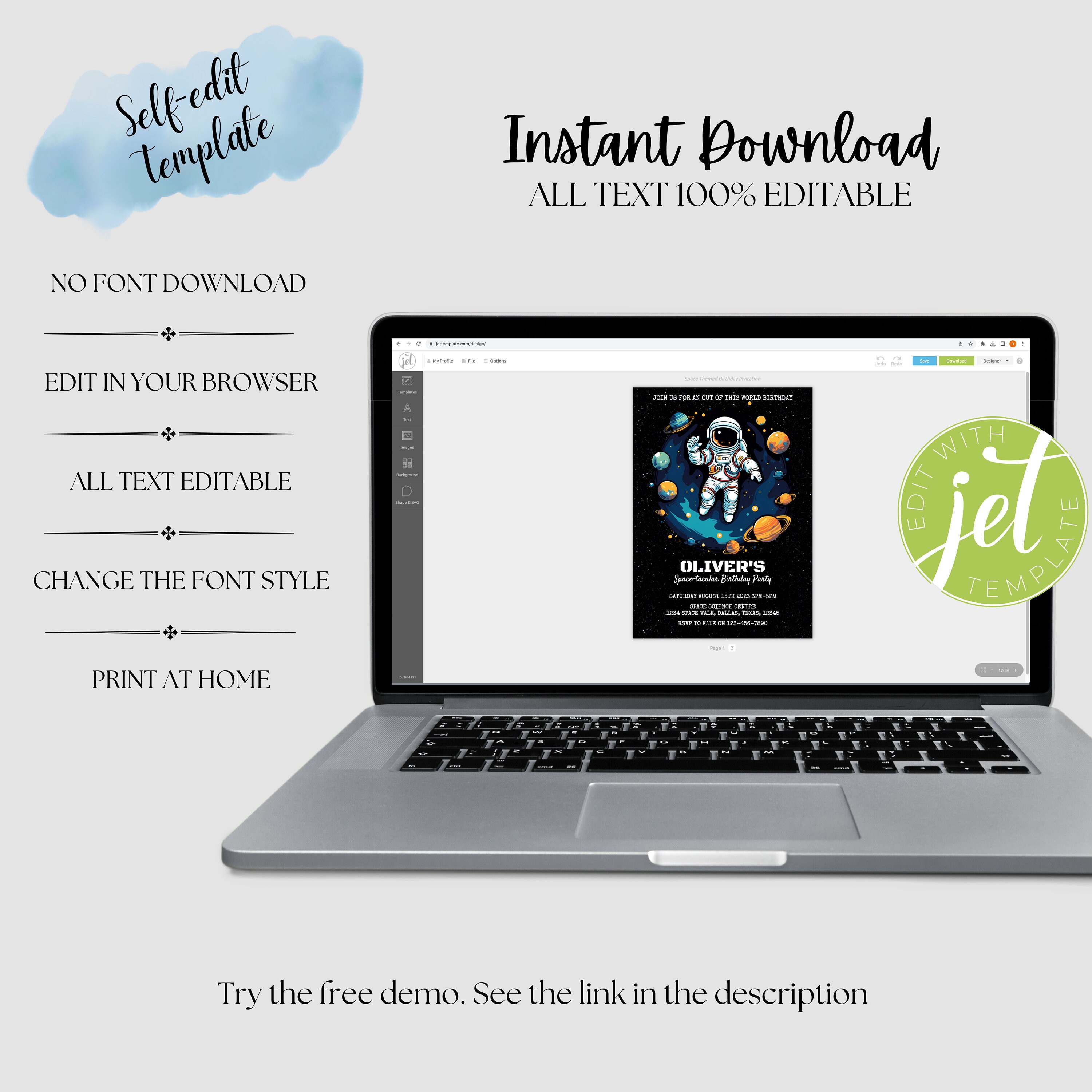 Editable Space Themed Invitation, Fun Astronaut Design, Personalised ...