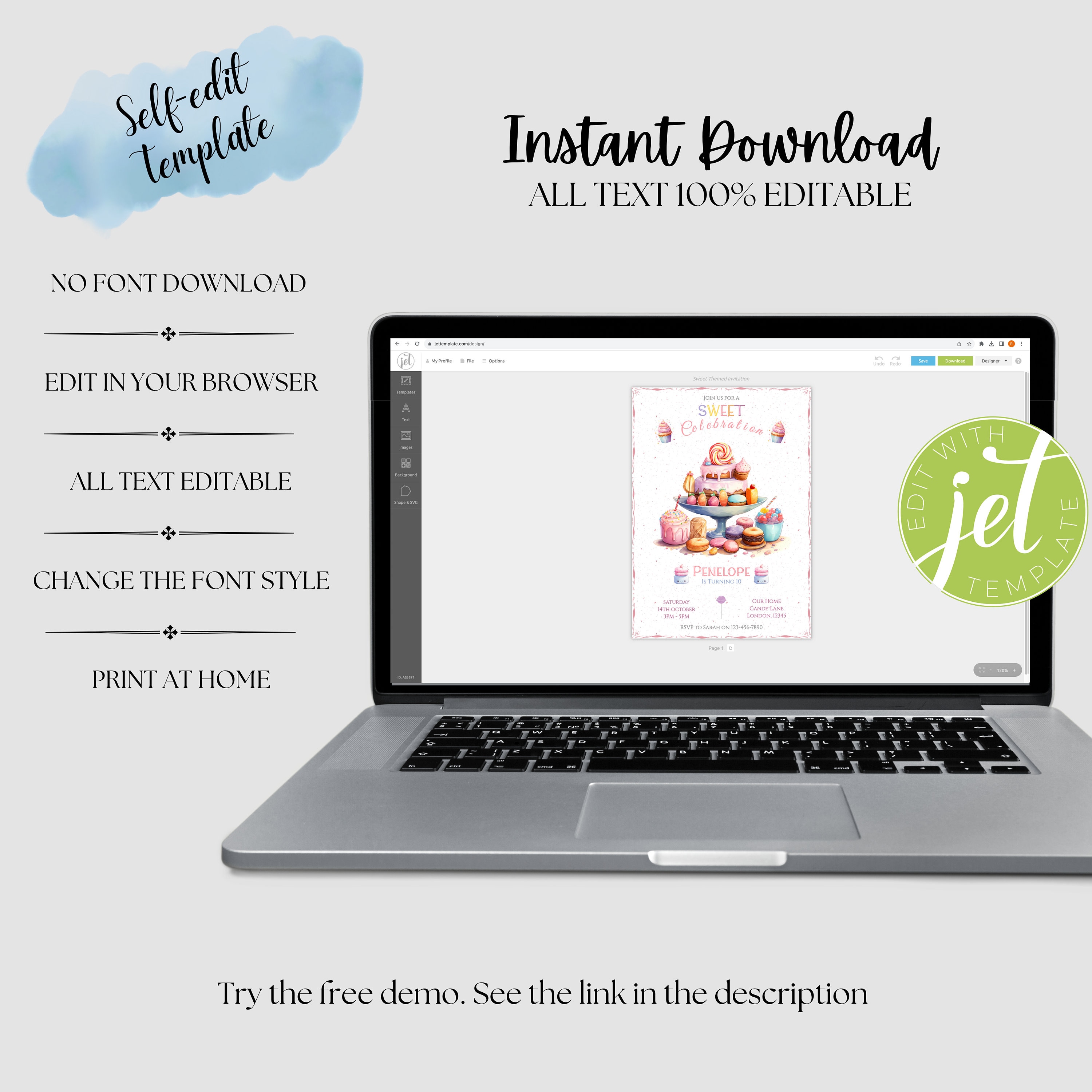 Editable Candy Themed Invitation, Fun Rainbow Sweet Shop Design ...