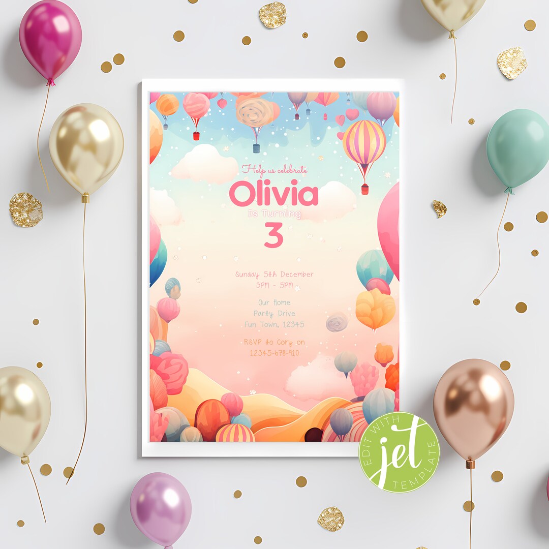Rainbow Balloon Birthday Invitation, Colourful Ombre Pastel Invitation ...