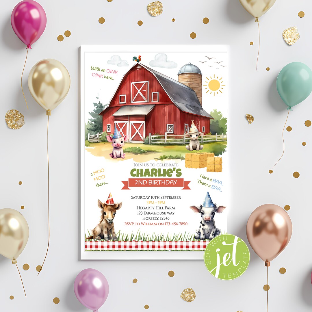 Editable Farm Themed Invitation, Fun Farmyard Animal Design ...