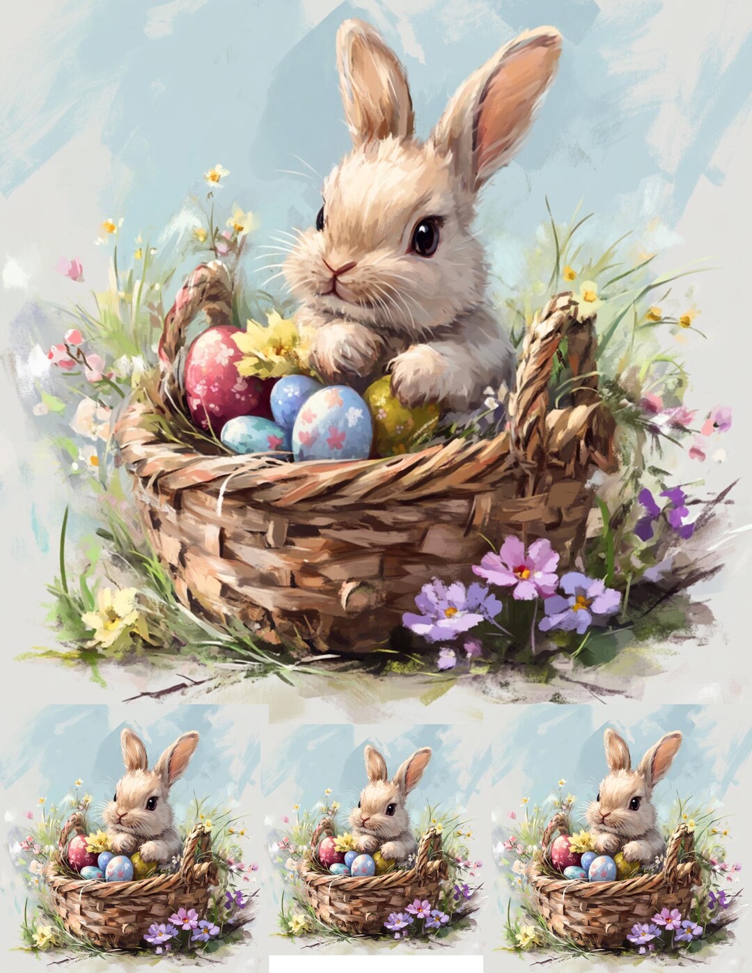 Easter Bunny Rice Paper – Bunny in Rustic Basket With Colorful Eggs and ...