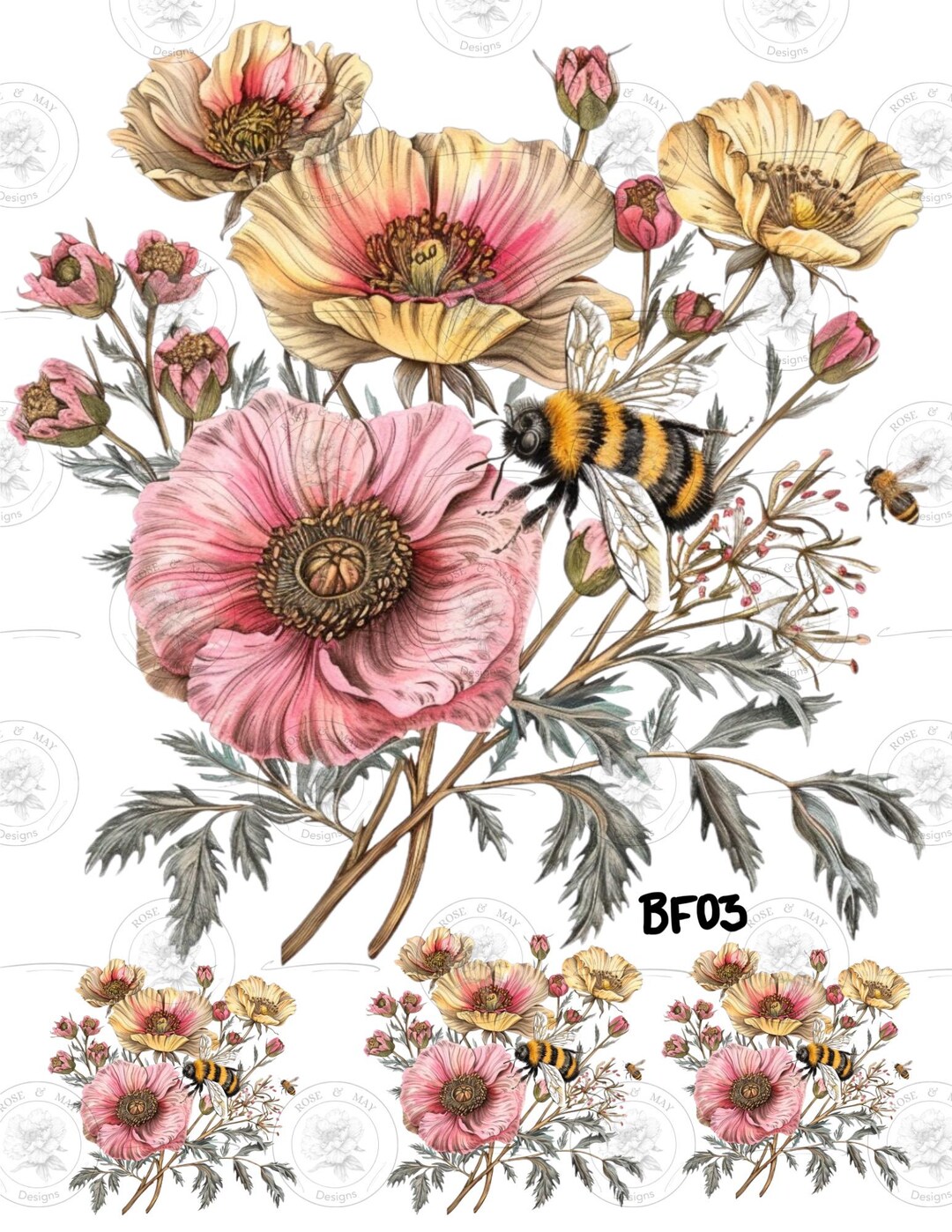 Pink and Yellow Floral and Bees/decoupage Paper,rice Paper,rice Paper ...