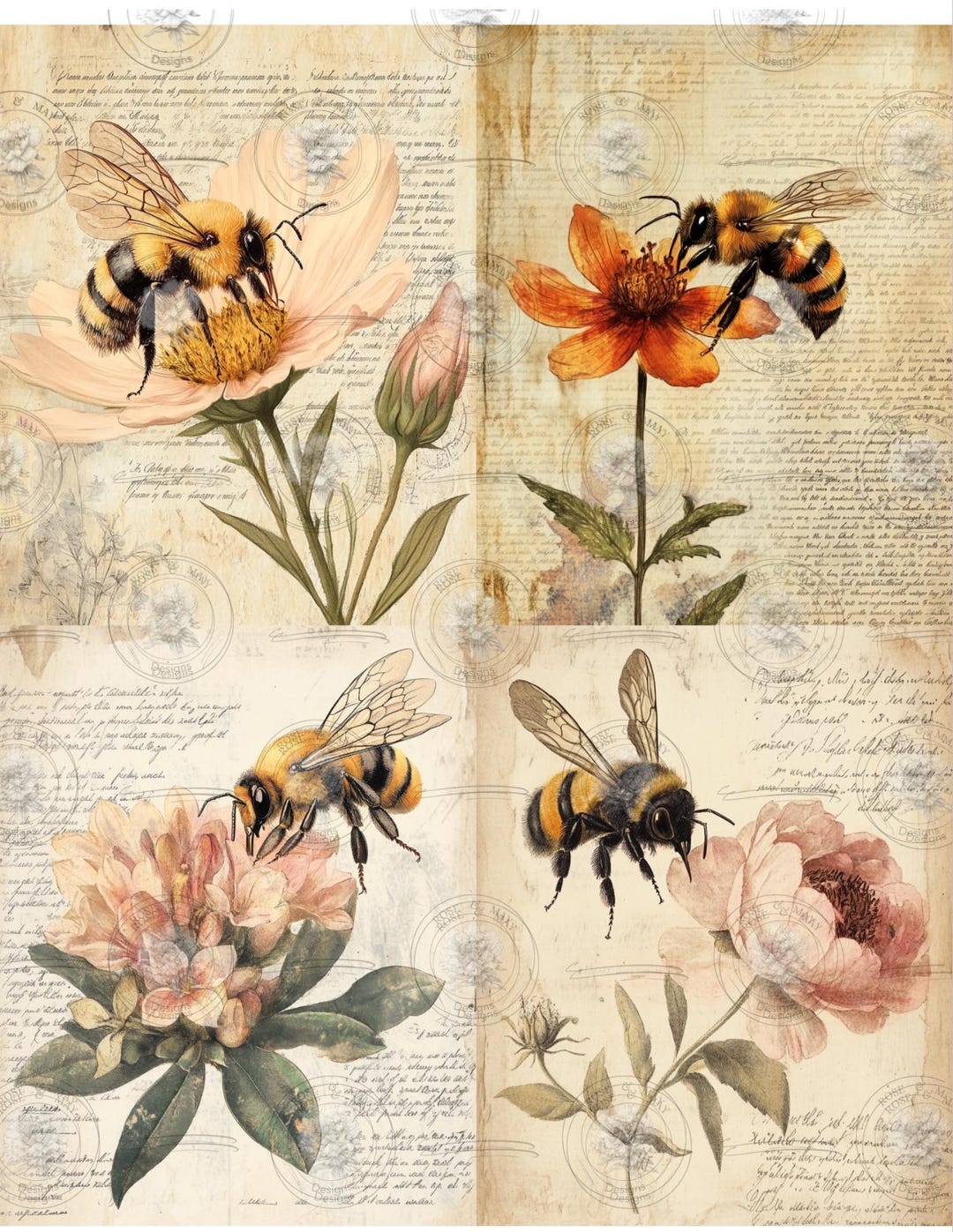 Vintage Bee and Flower/ Rice Paper for Decoupage, Rice Paper ...