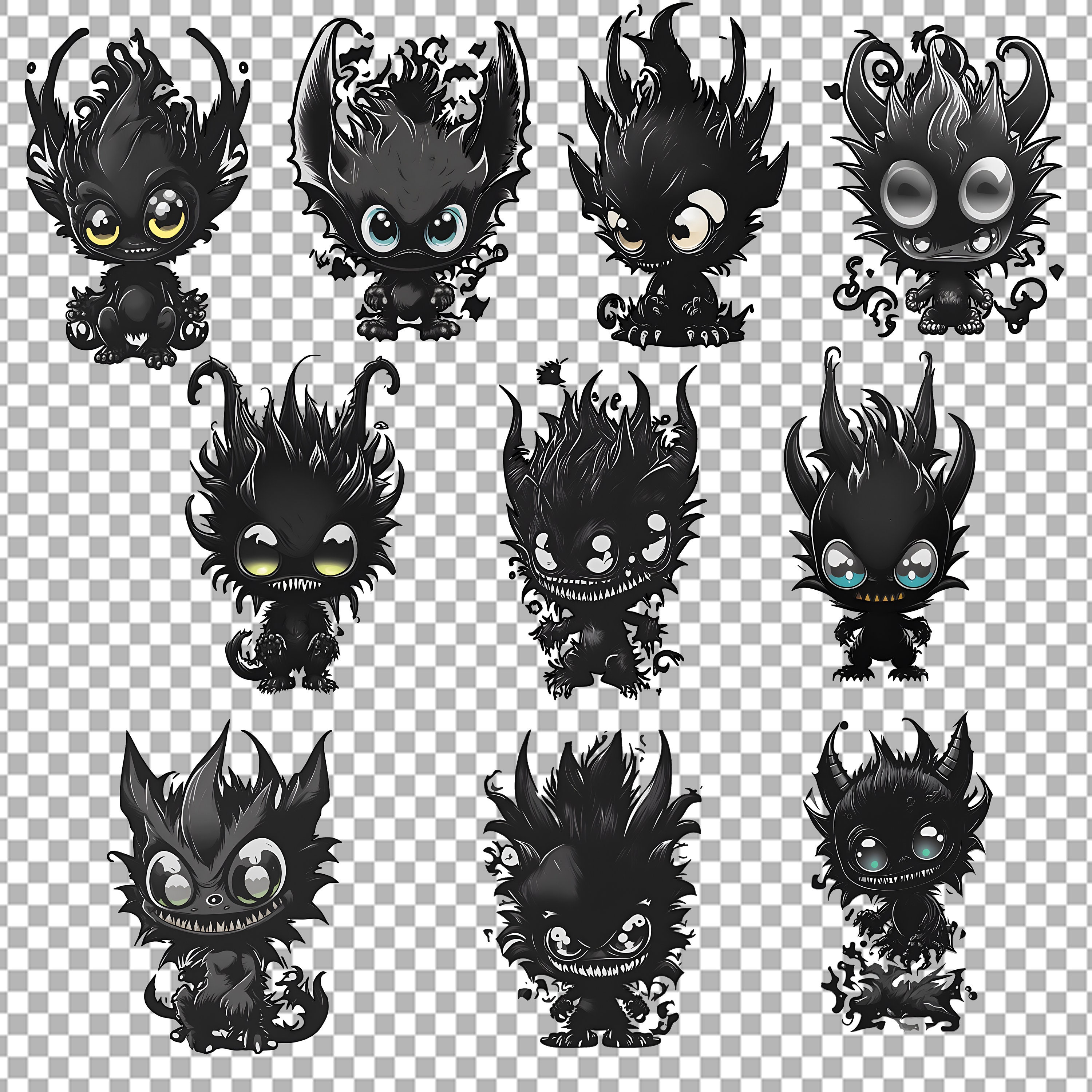 Black Cute Monster Digital PNG 10-PNG 300 DPI Digital - Etsy