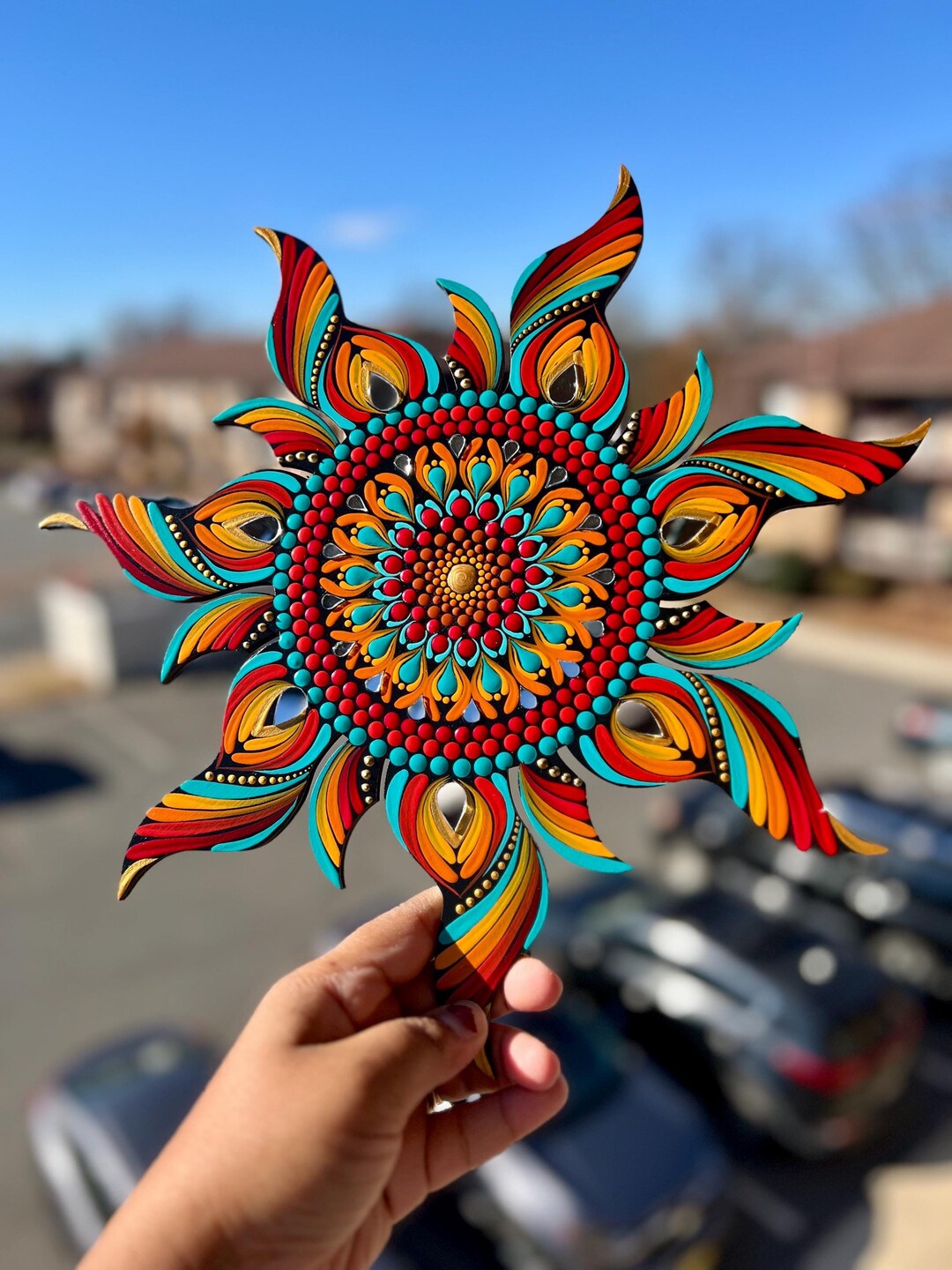Vibrant Sun-shaped Mandala Wall Art – 12” | Hand-painted With Red ...