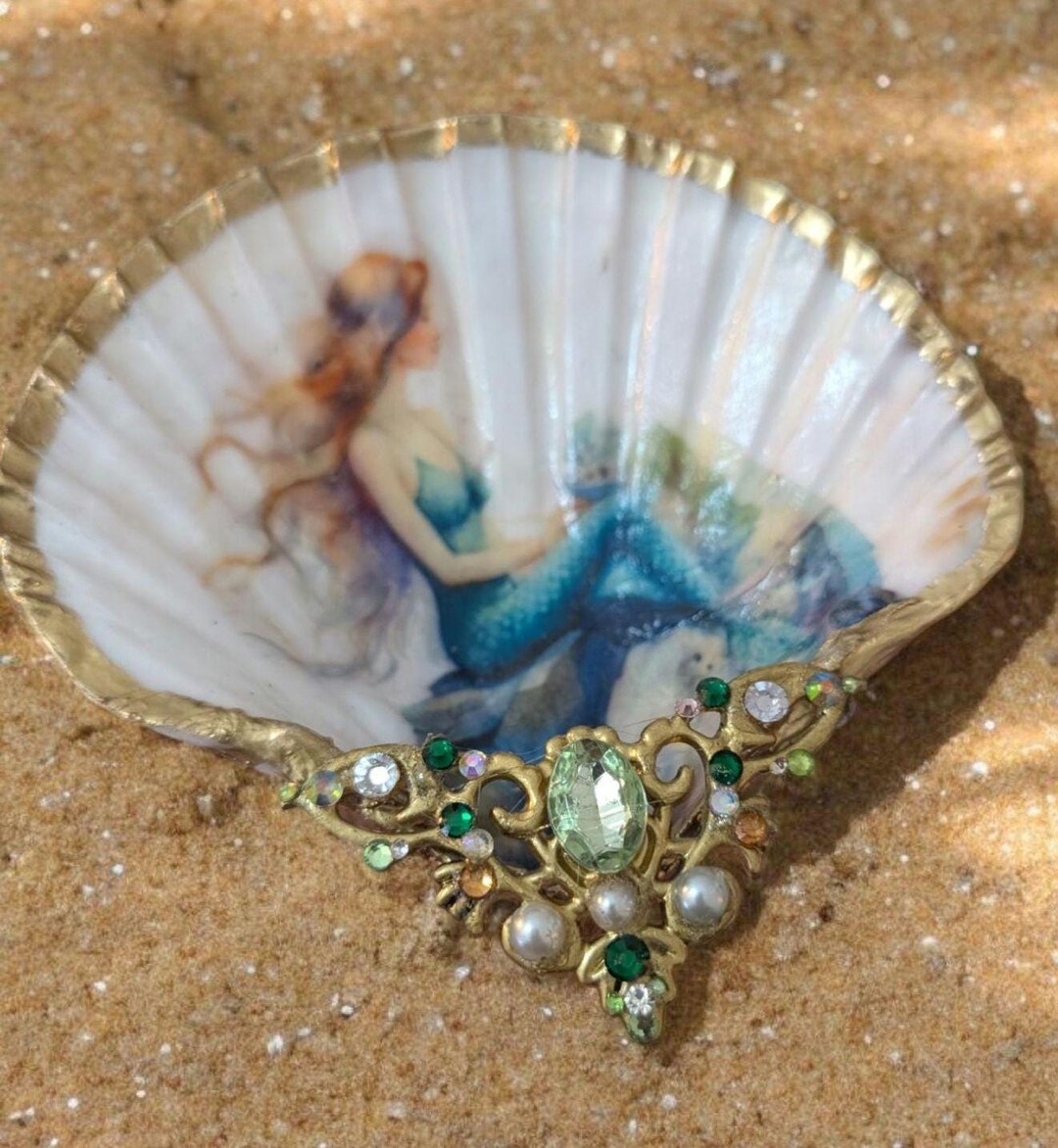 Beautiful Decoupaged Mermaid Jewel Encrusted Shell Trinket Dishes ...