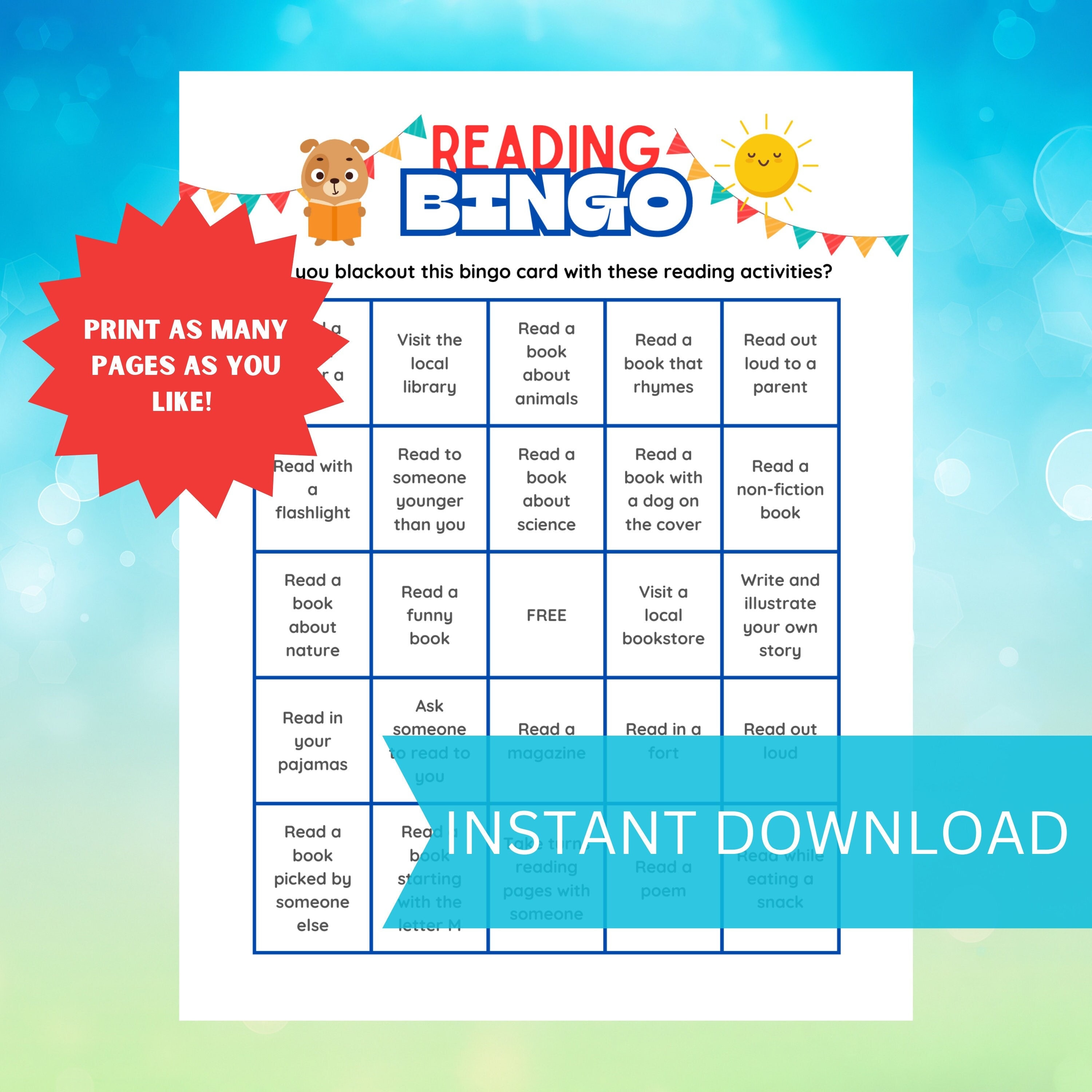 Summer Reading Bingo Game Card to Encourage Kids to Read, Reading ...