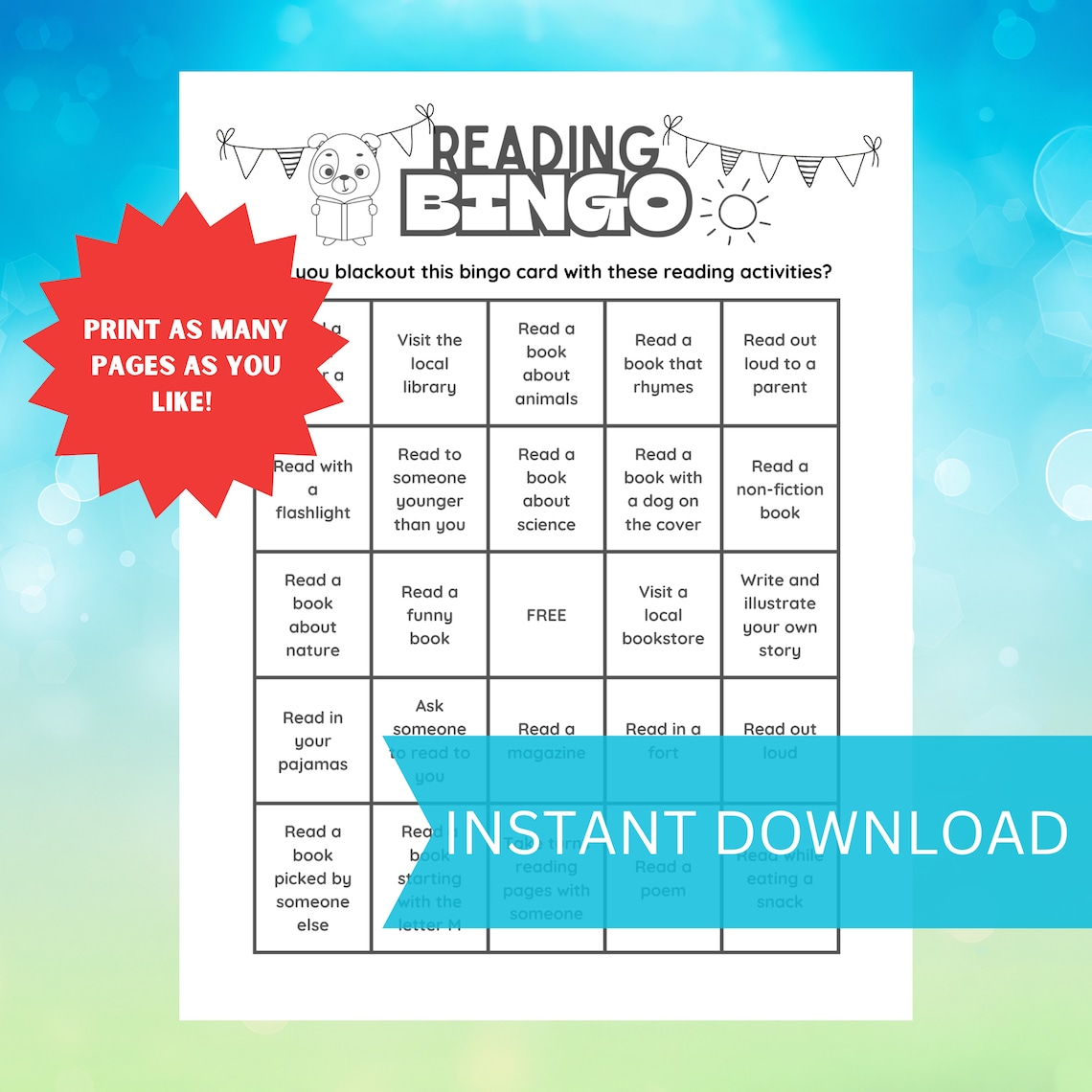 Summer Reading Bingo Game Card to Encourage Kids to Read, Reading ...