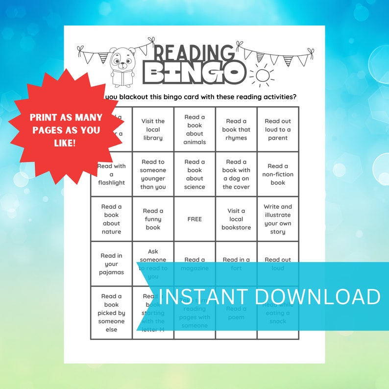 Summer Reading Bingo Game Card to Encourage Kids to Read, Reading ...