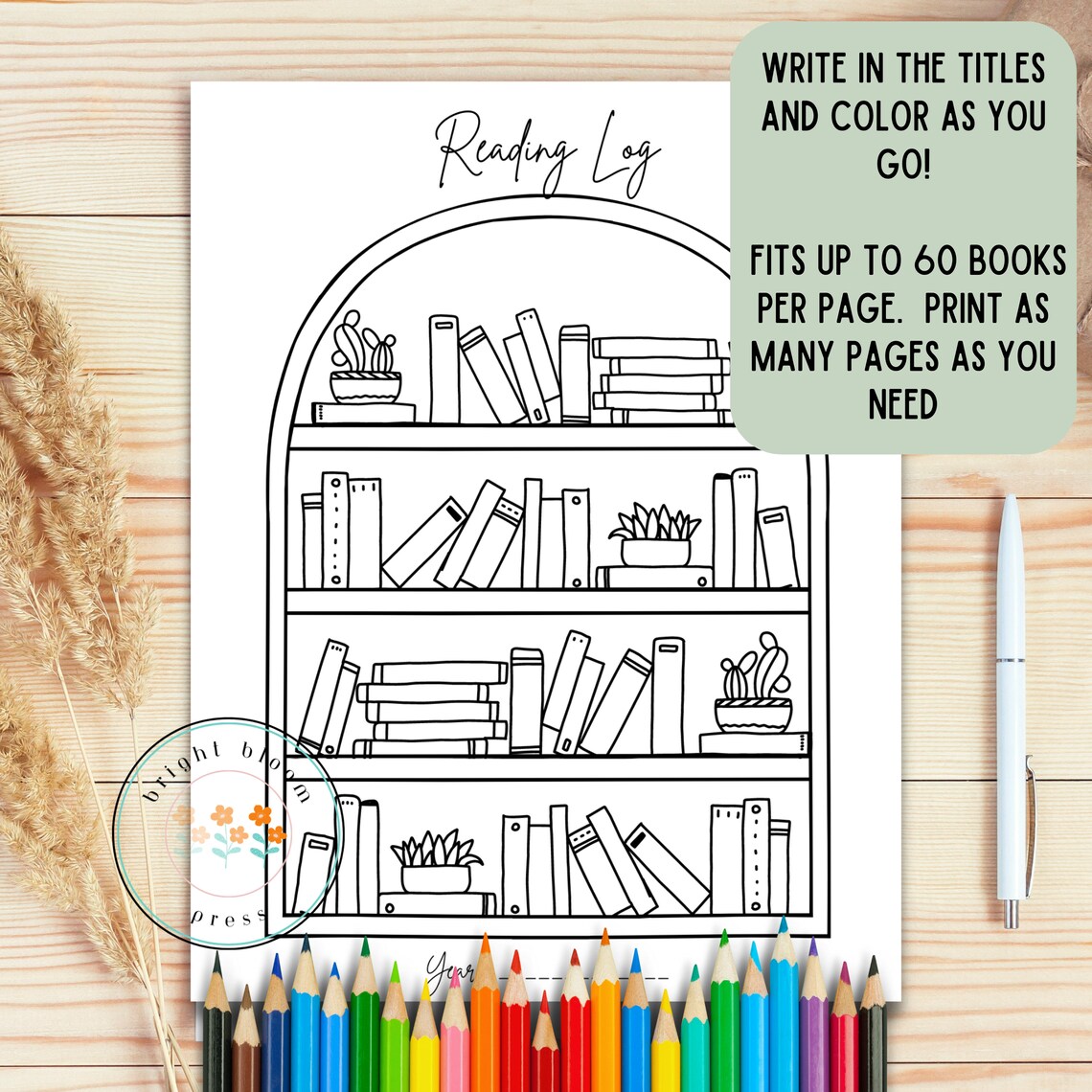 Bookcase Book Reading Tracker Log to Print at Home, Color as You Go ...