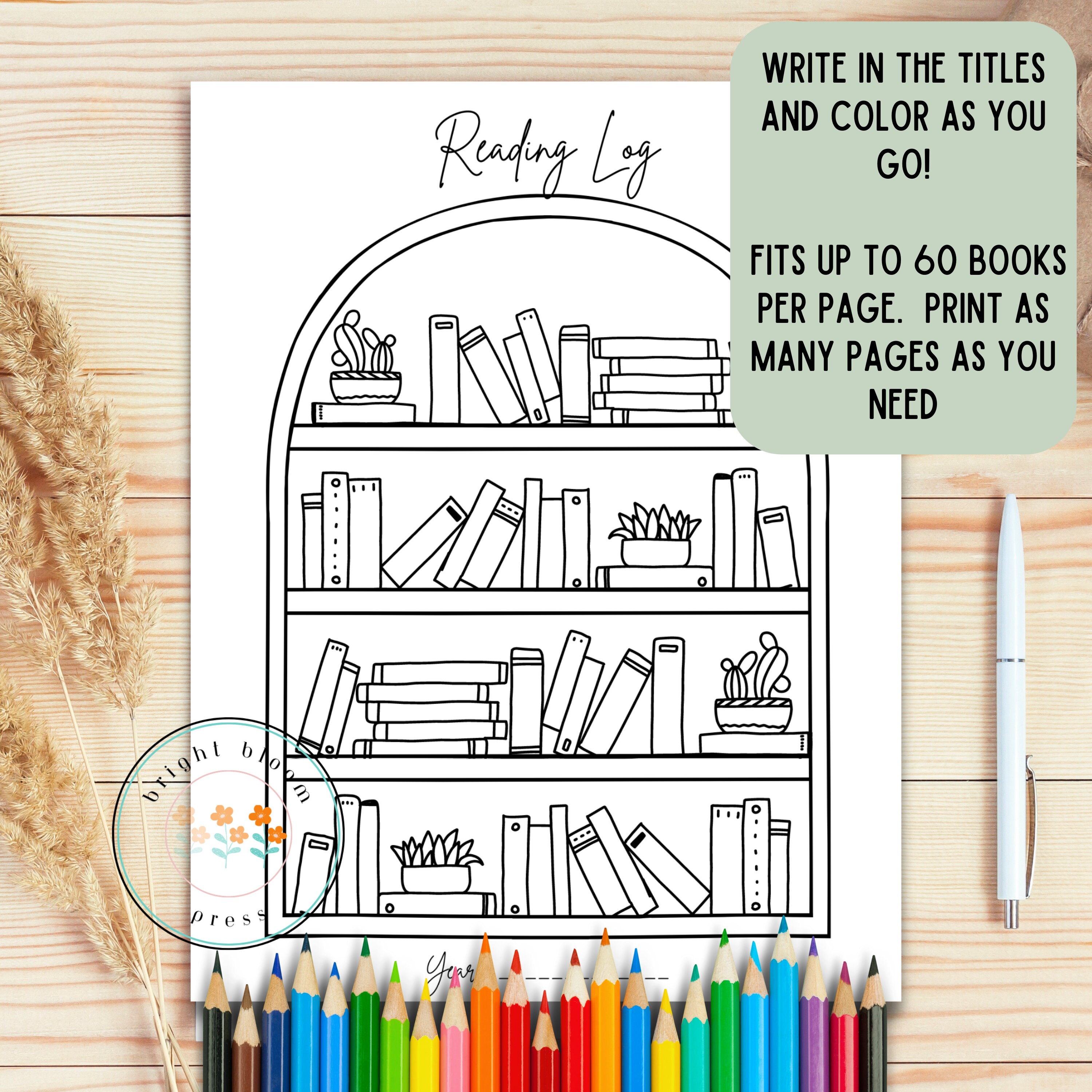 Bookcase Book Reading Tracker Log to Print at Home, Color as You Go ...