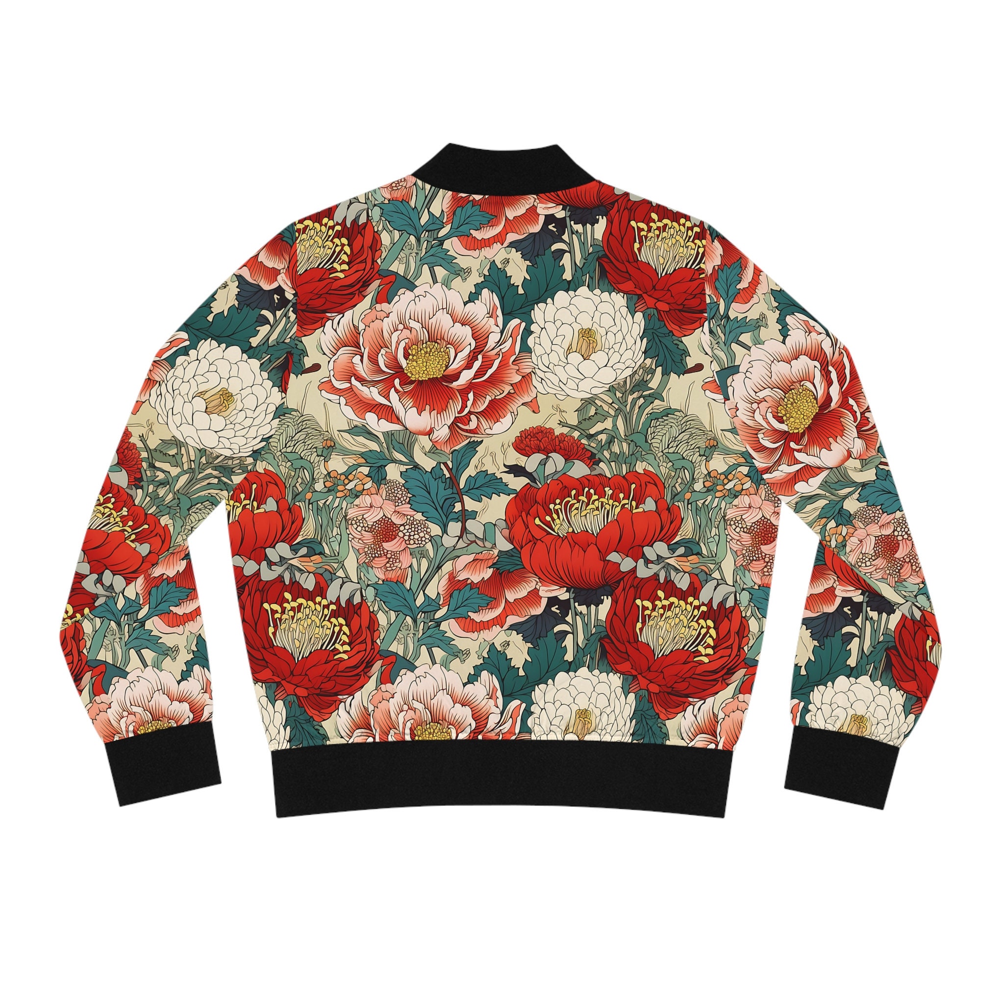 Bomber Jacket Red Green Peony Flower Floral sold by Gusella Puzzle | SKU 56510953 | 70% OFF ...