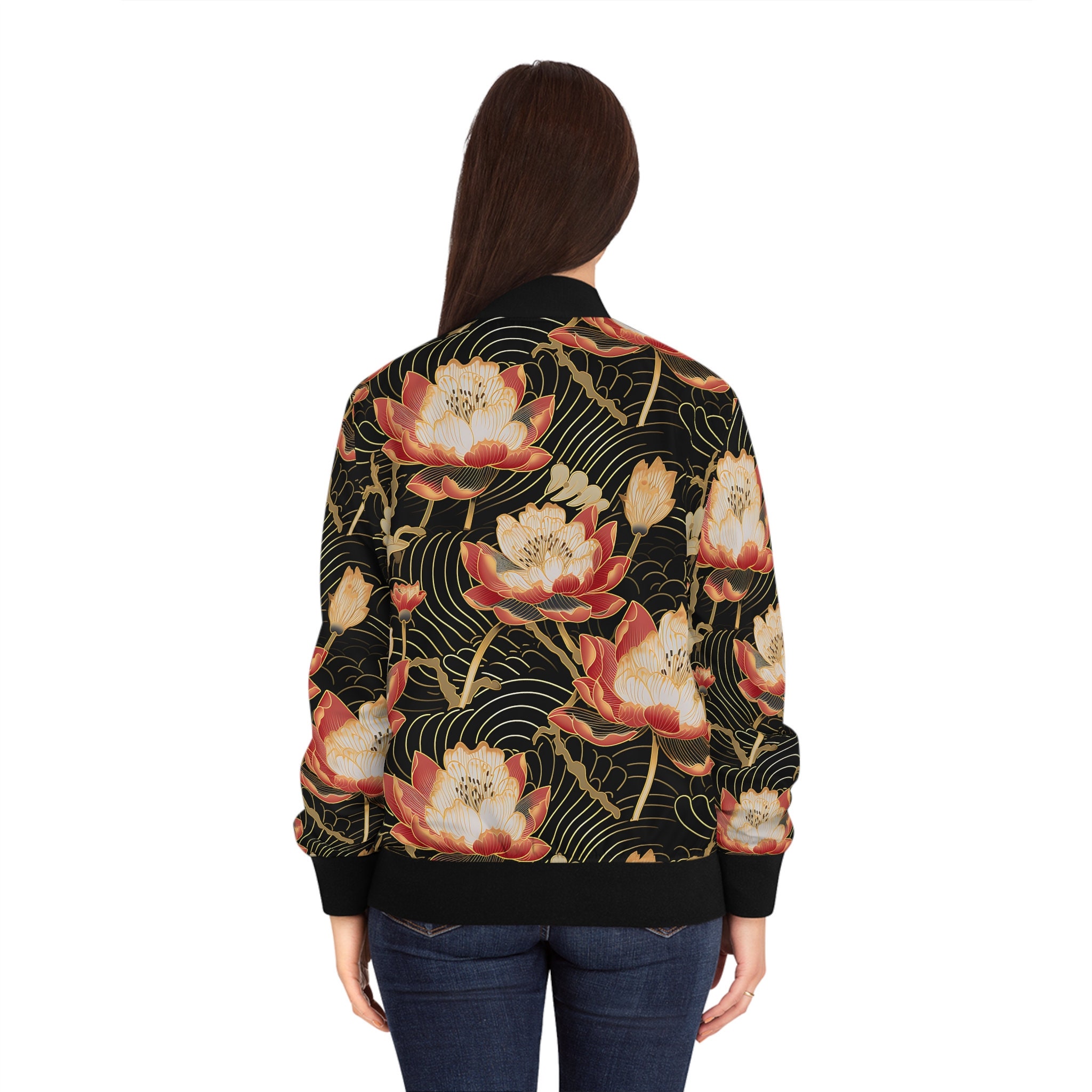 Women's Bomber Jacket Red Black White Lotus Flower Floral Pattern ...