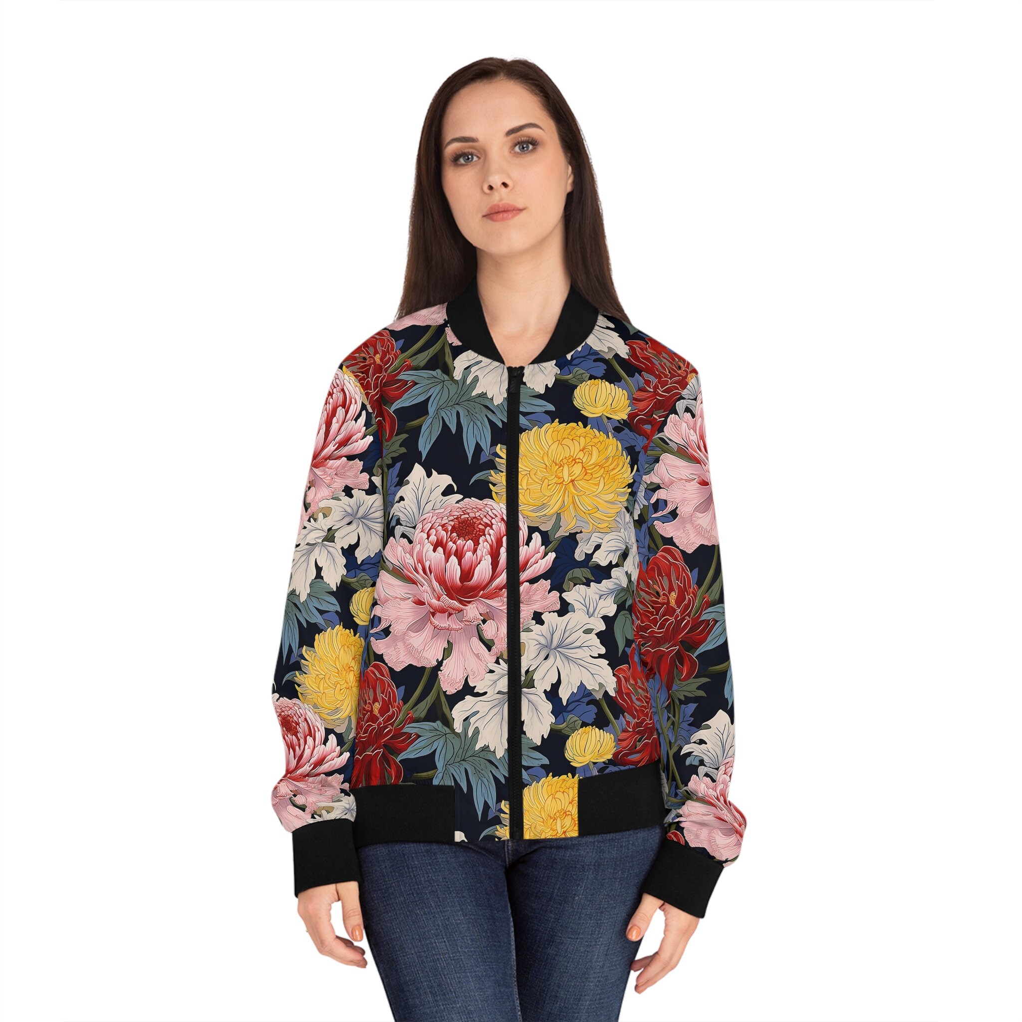 Women's Bomber Jacket Blue Red Yellow Peony Chrysanthemum Floral ...