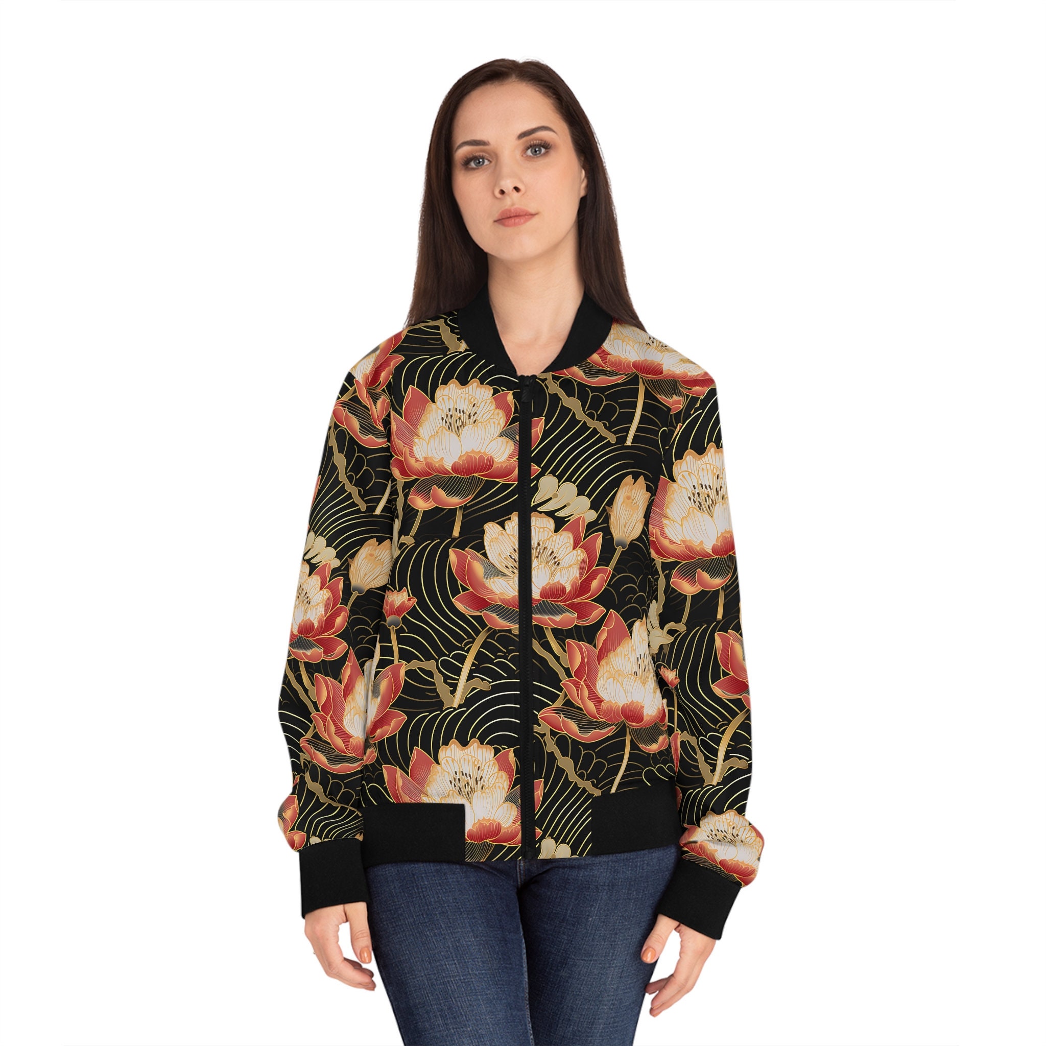 Women's Bomber Jacket Red Black White Lotus Flower Floral Pattern ...