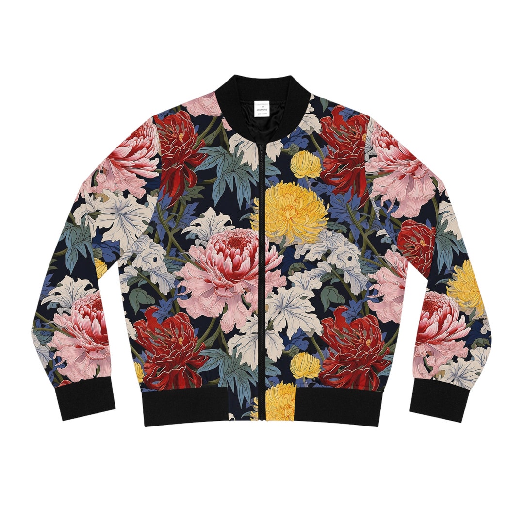 Women's Bomber Jacket Blue Red Yellow Peony Chrysanthemum Floral ...