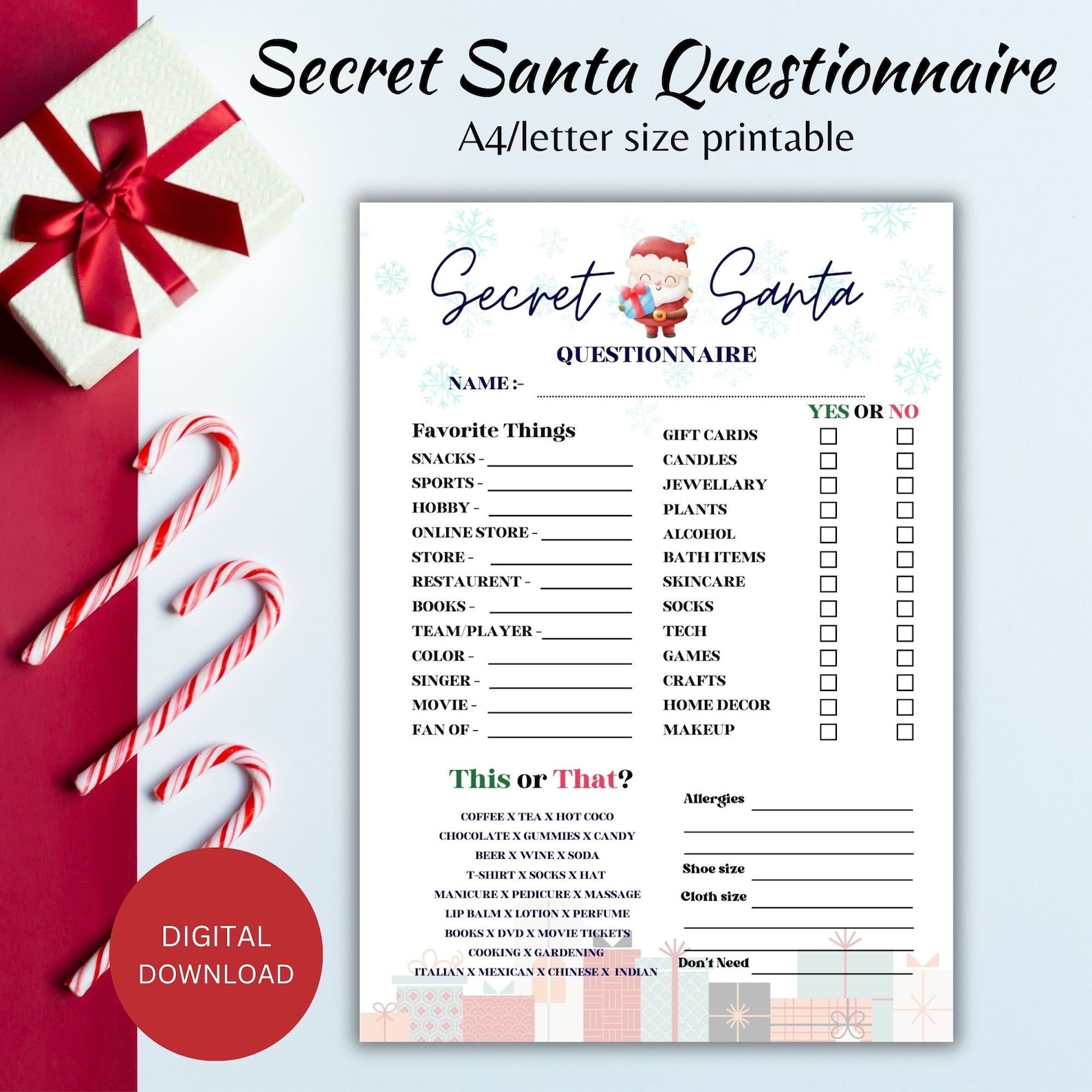 Secret Santa Questionnaire, Printable Secret Santa Questions, Gift ...