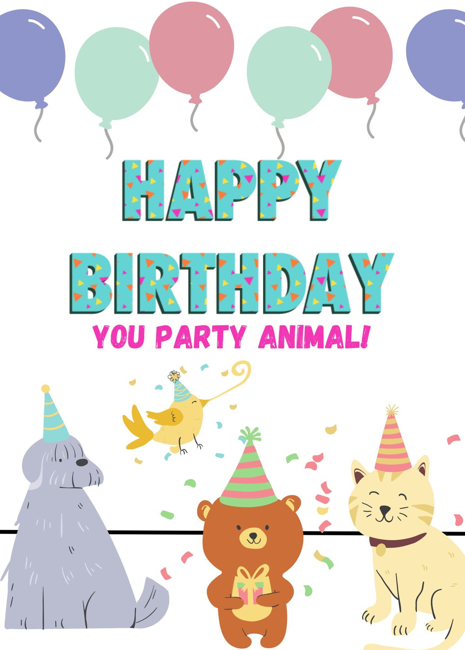 Cute Animal Printable Birthday Card, Happy Birthday Printable, Digital ...