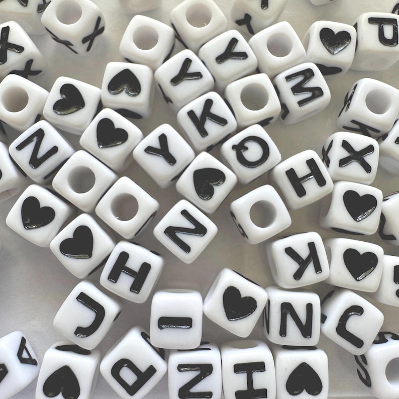 Alphabet Cube Beads: 7x7mm, 3.5mm Hole, Acrylic, Black and White Letter ...