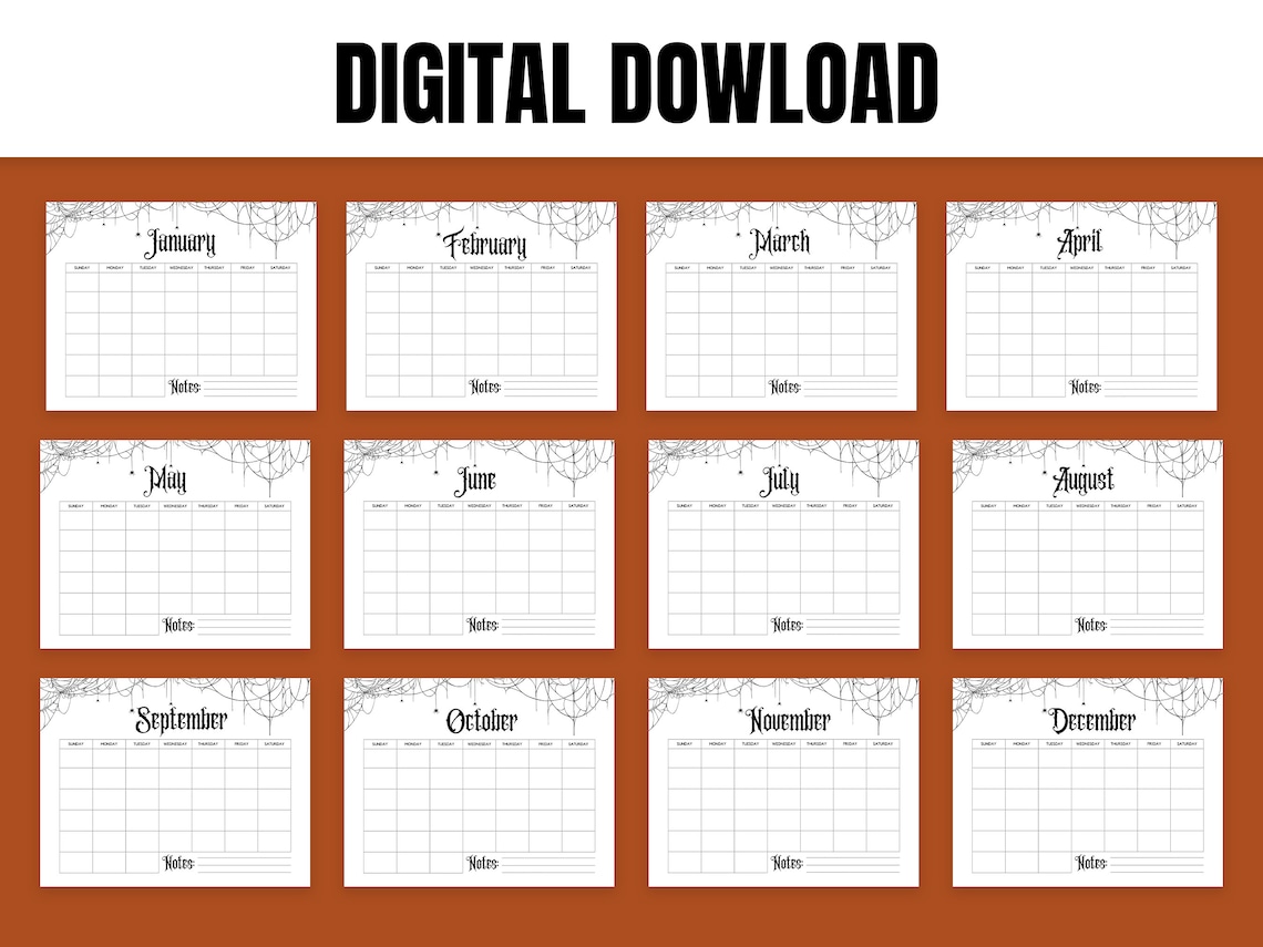Monthly Blank Calendar | Gothic Calendar | Spooky | Horizontal ...