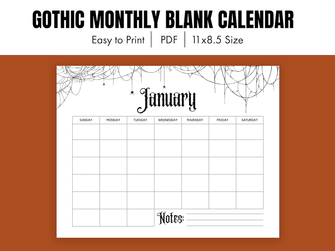 Monthly Blank Calendar | Gothic Calendar | Spooky | Horizontal ...