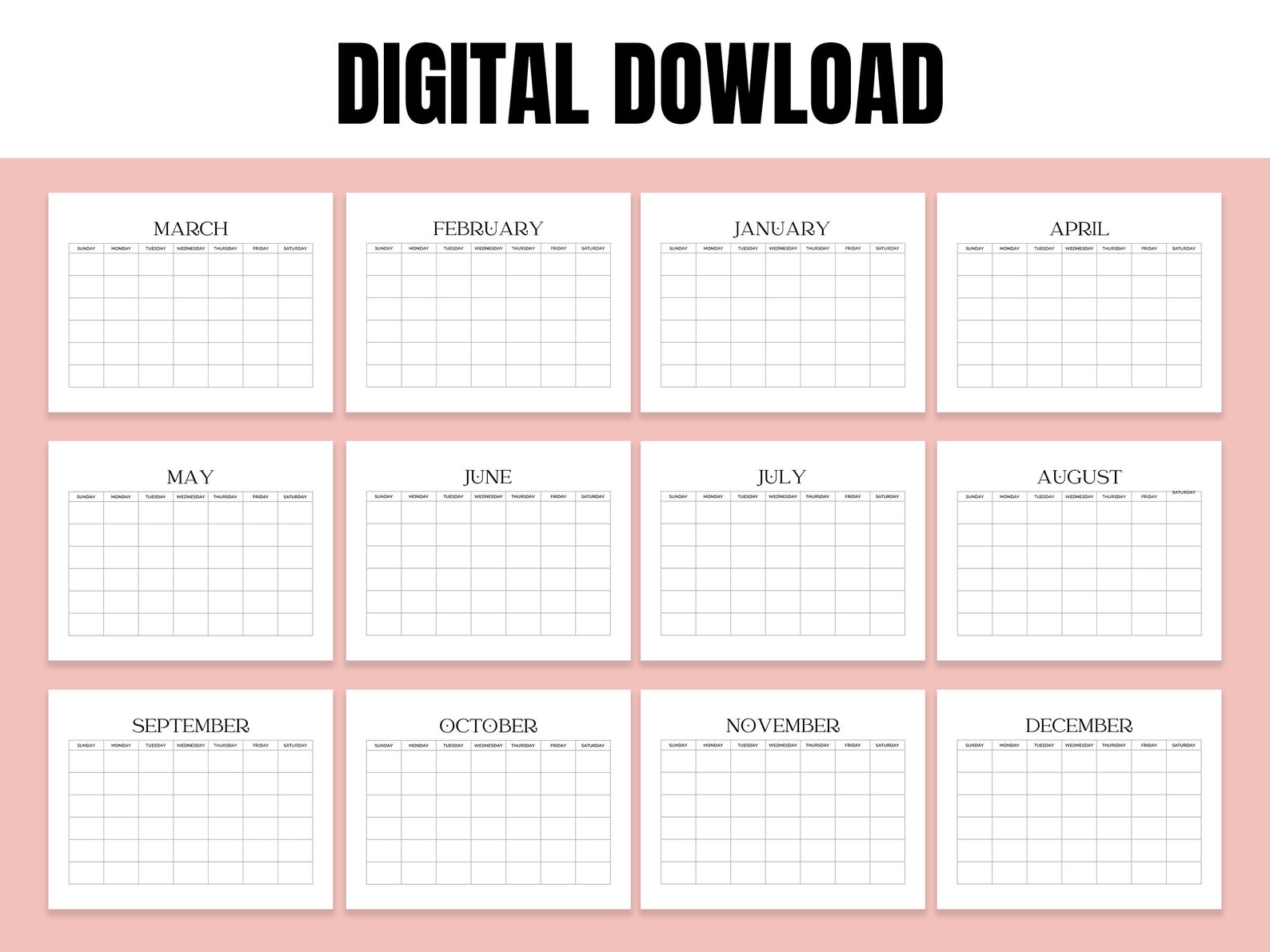 Monthly Blank Calendar Simple Calendar Cute Horizontal - Etsy