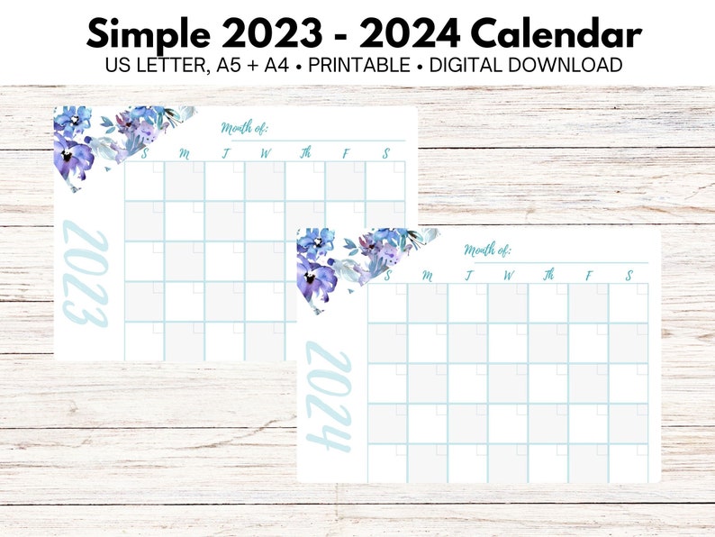Monthly Calendar Printable 2023 2024, Digital Calendar, Minimal Planner ...
