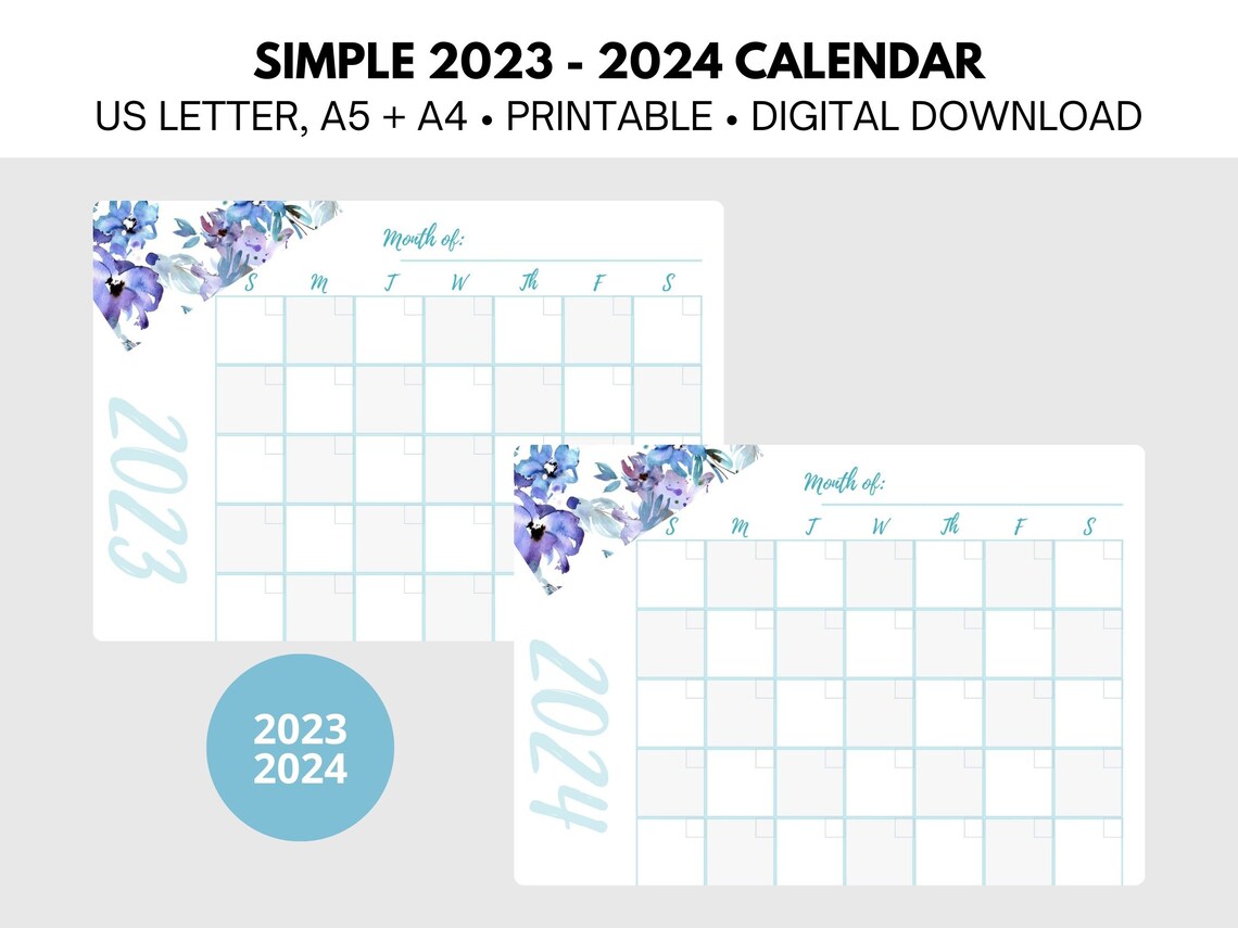 Monthly Calendar Printable 2023 2024, Digital Calendar, Minimal Planner ...
