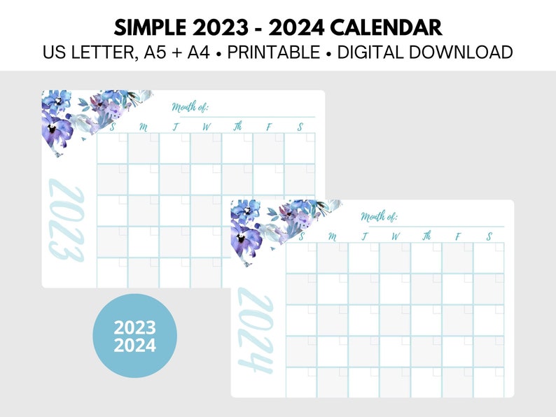 Monthly Calendar Printable 2023 2024, Digital Calendar, Minimal Planner ...