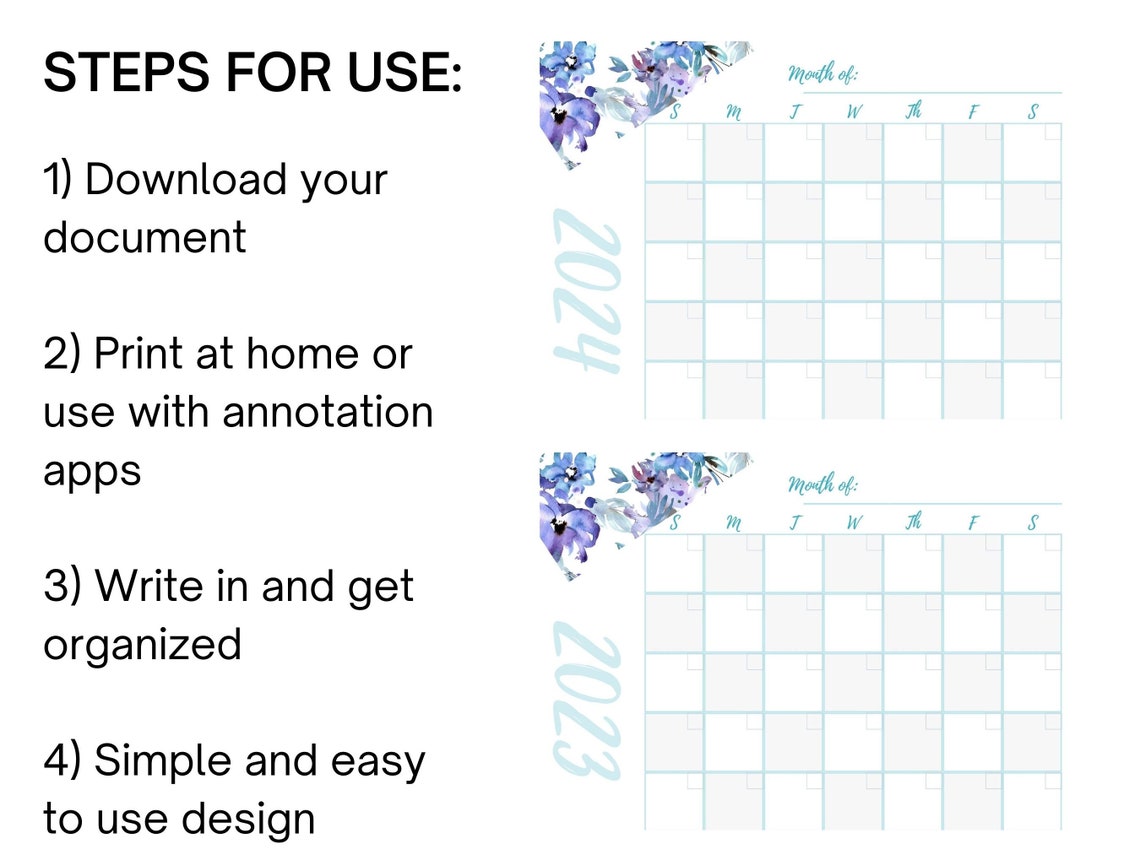 Monthly Calendar Printable 2023 2024, Digital Calendar, Minimal Planner ...