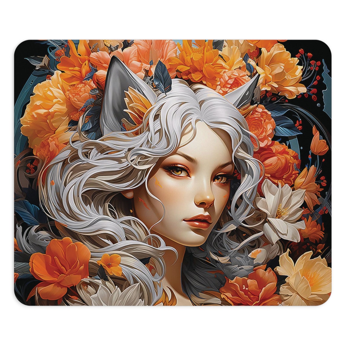 Mouse Pad Silver Fox Kitsune Fantasy Art Work From Home Accessories ...