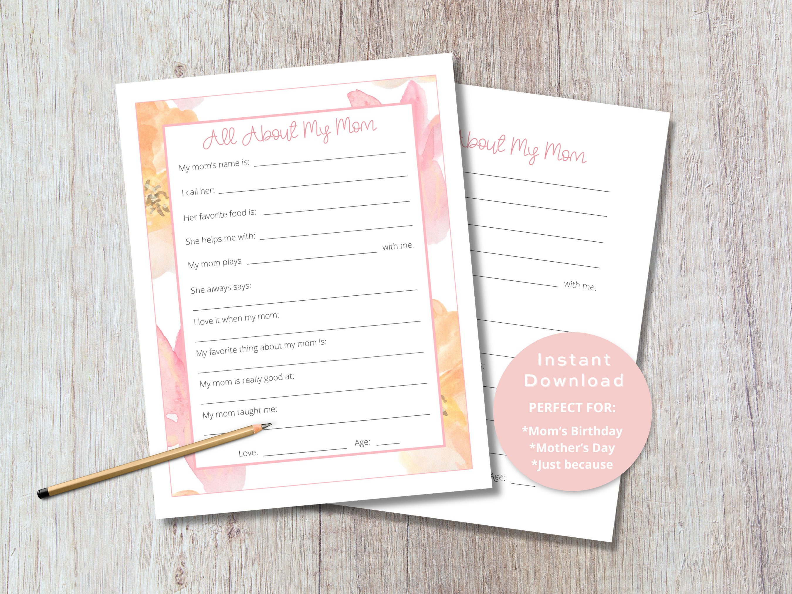 All About My Mom Printable, Mother's Day Gift From Kids, Mom Birthday ...