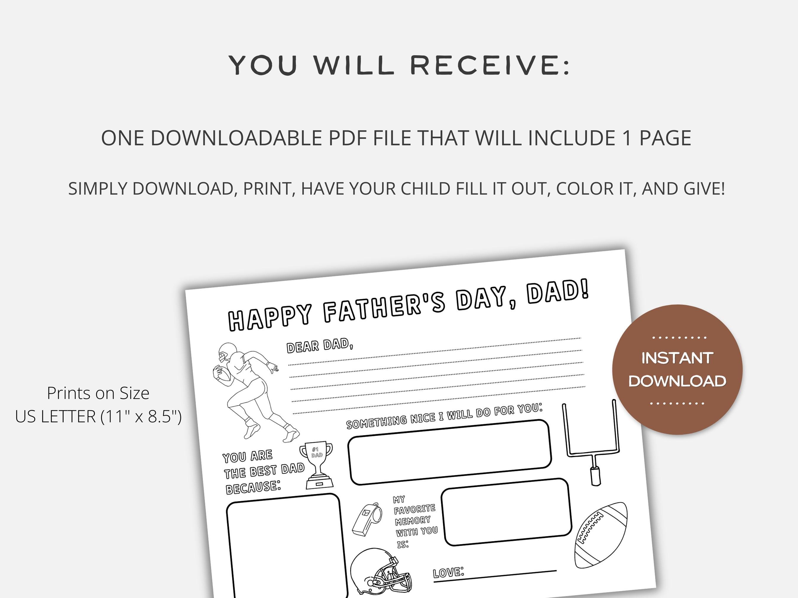 Football Father's Day Printable Coloring Fill in the Blank Page, Gift ...