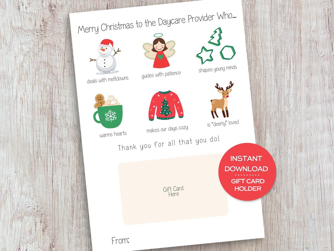 Daycare Provider Christmas Gift Card Holder Printable Christmas Daycare ...