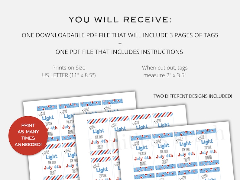 4th of July Glow Stick Tag, Printable July 4th Party Favor Tag ...