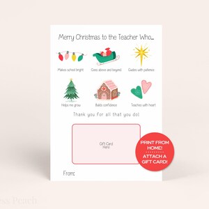 Teacher Christmas Gift Card Holder Printable Christmas Teacher Card for ...
