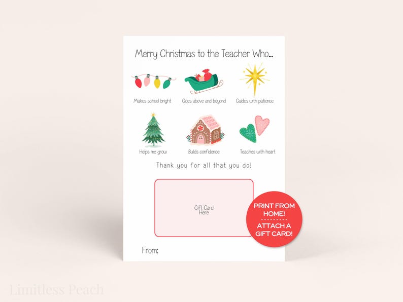 Teacher Christmas Gift Card Holder Printable Christmas Teacher Card for ...