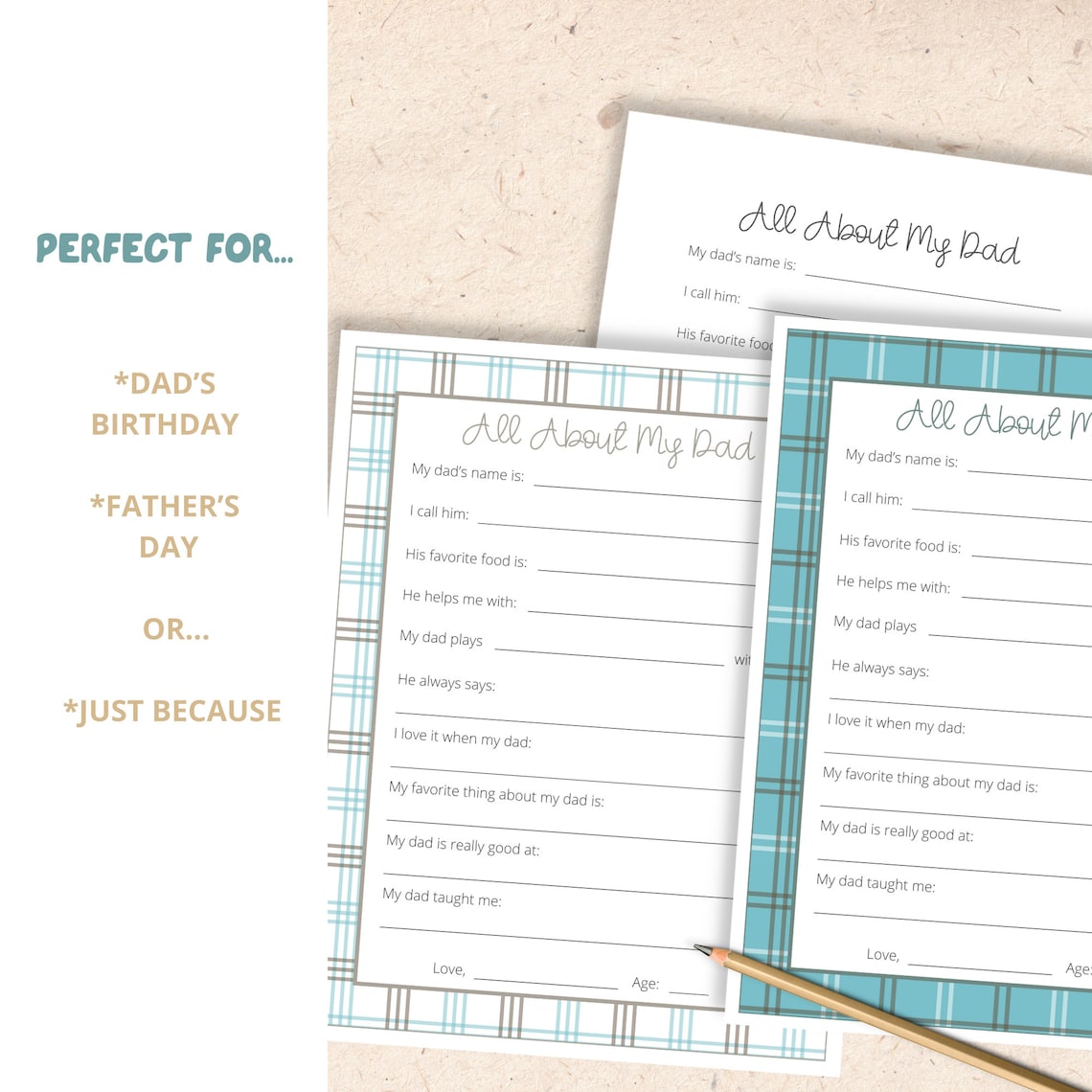 All About My Dad Printable, Father's Day Gift From Kids, Dad ...